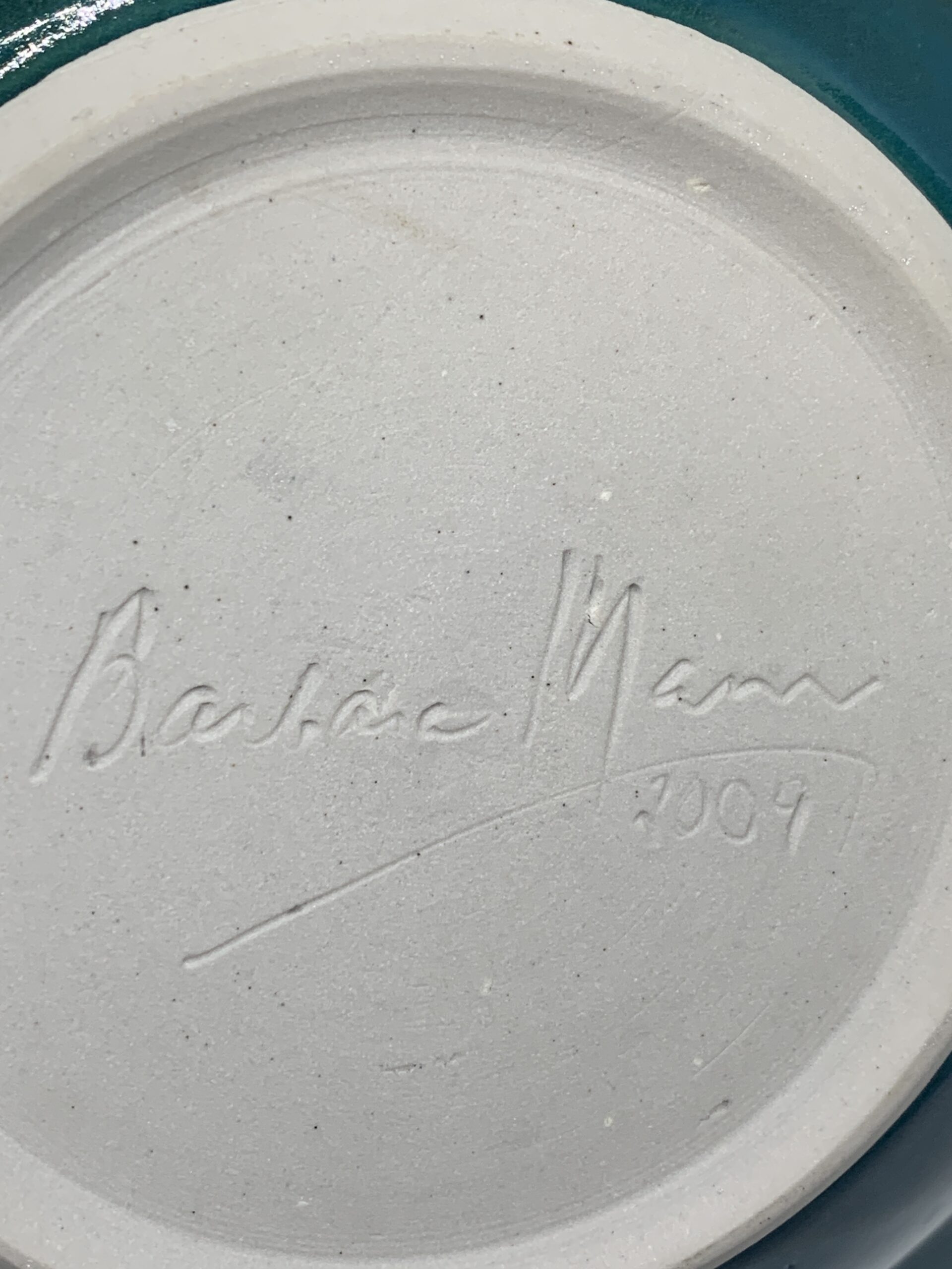 Barbara Mann 2009 Pottery Bowl Green Inside 26cm wide - Vintage Keepsakes