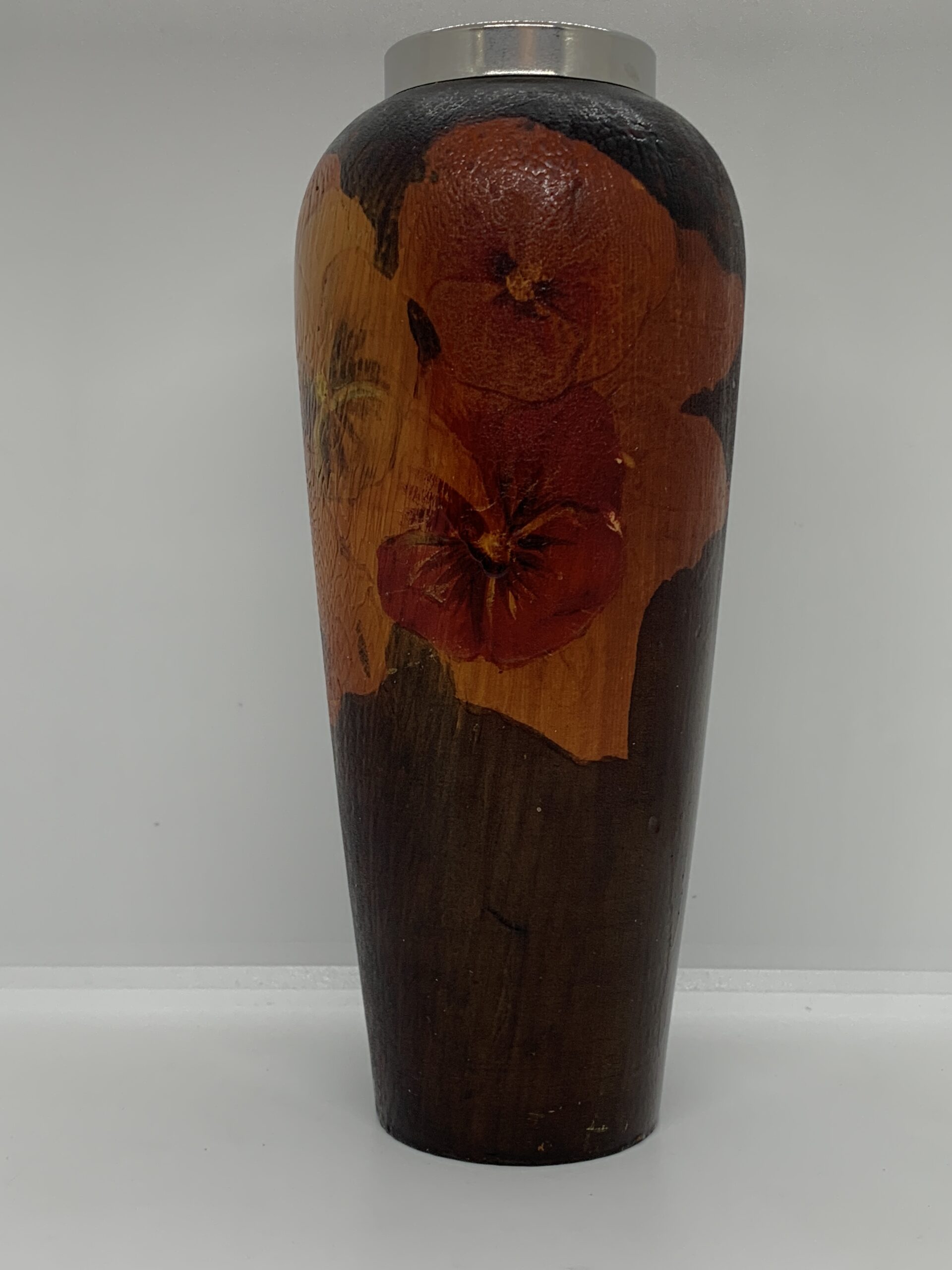 Vintage Pokerwork Pansy Vase with Metal Rim 23cm - Vintage Keepsakes