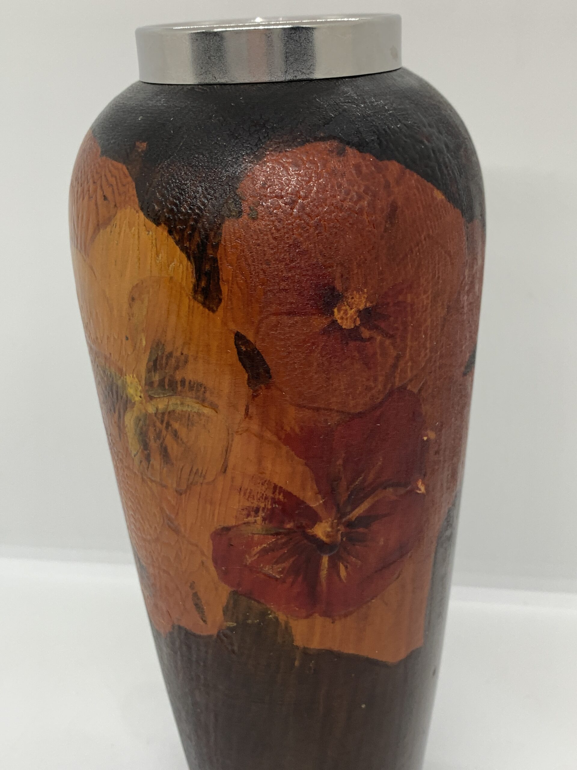 Vintage Pokerwork Pansy Vase with Metal Rim 23cm - Vintage Keepsakes