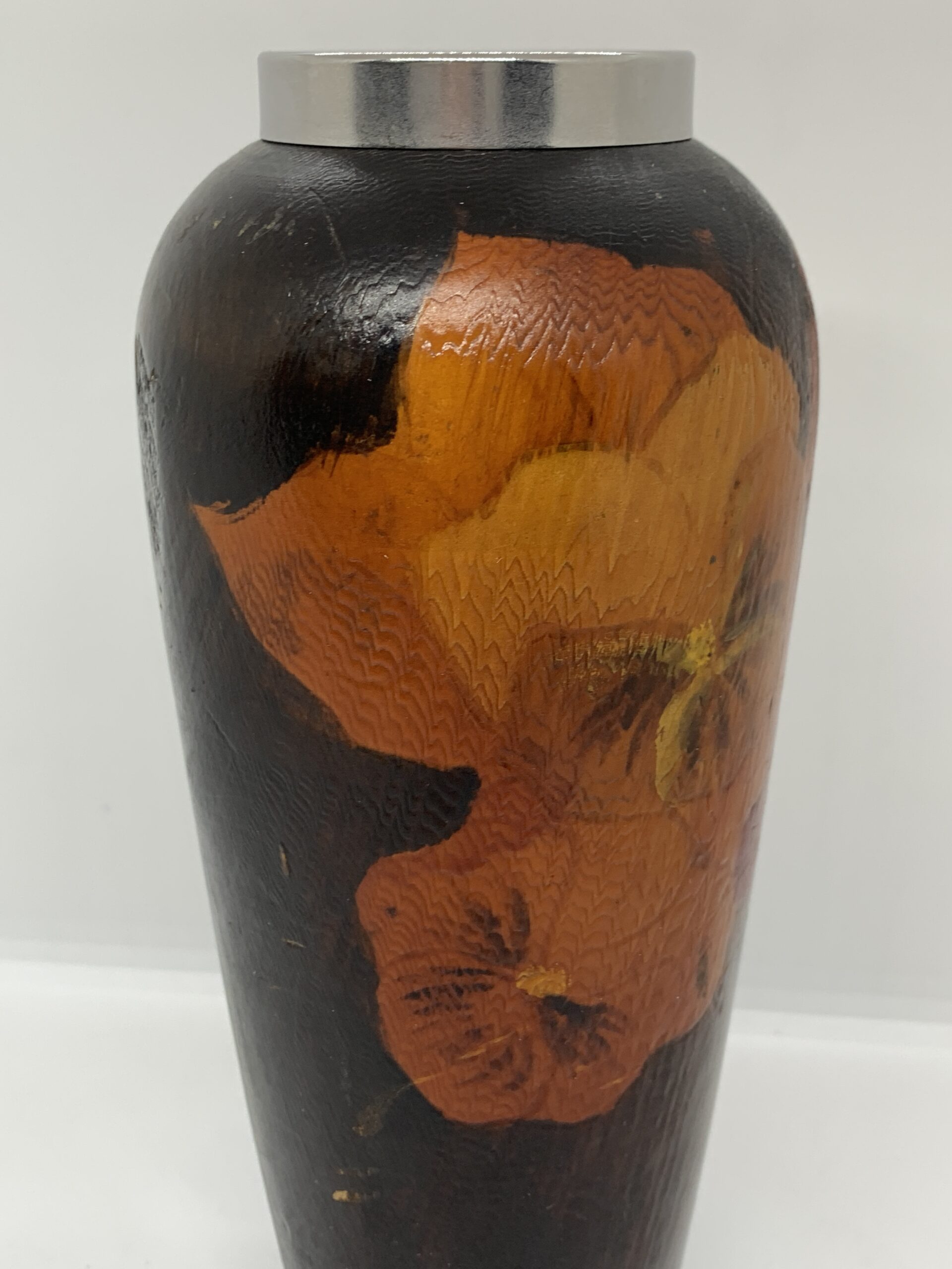 Vintage Pokerwork Pansy Vase with Metal Rim 23cm - Vintage Keepsakes