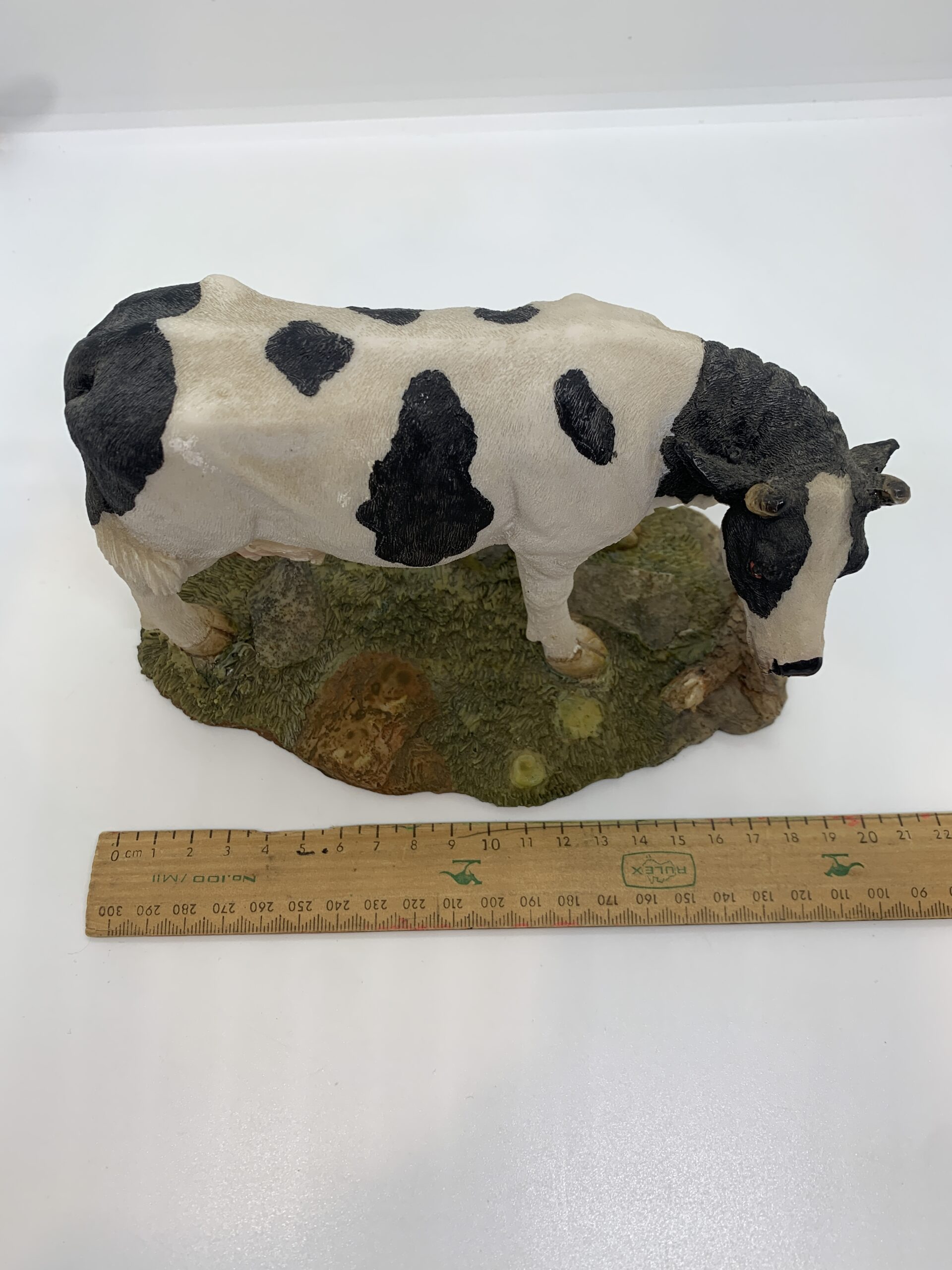 Standing Black and White Cow Figure on Base Resin 12cm - Vintage Keepsakes