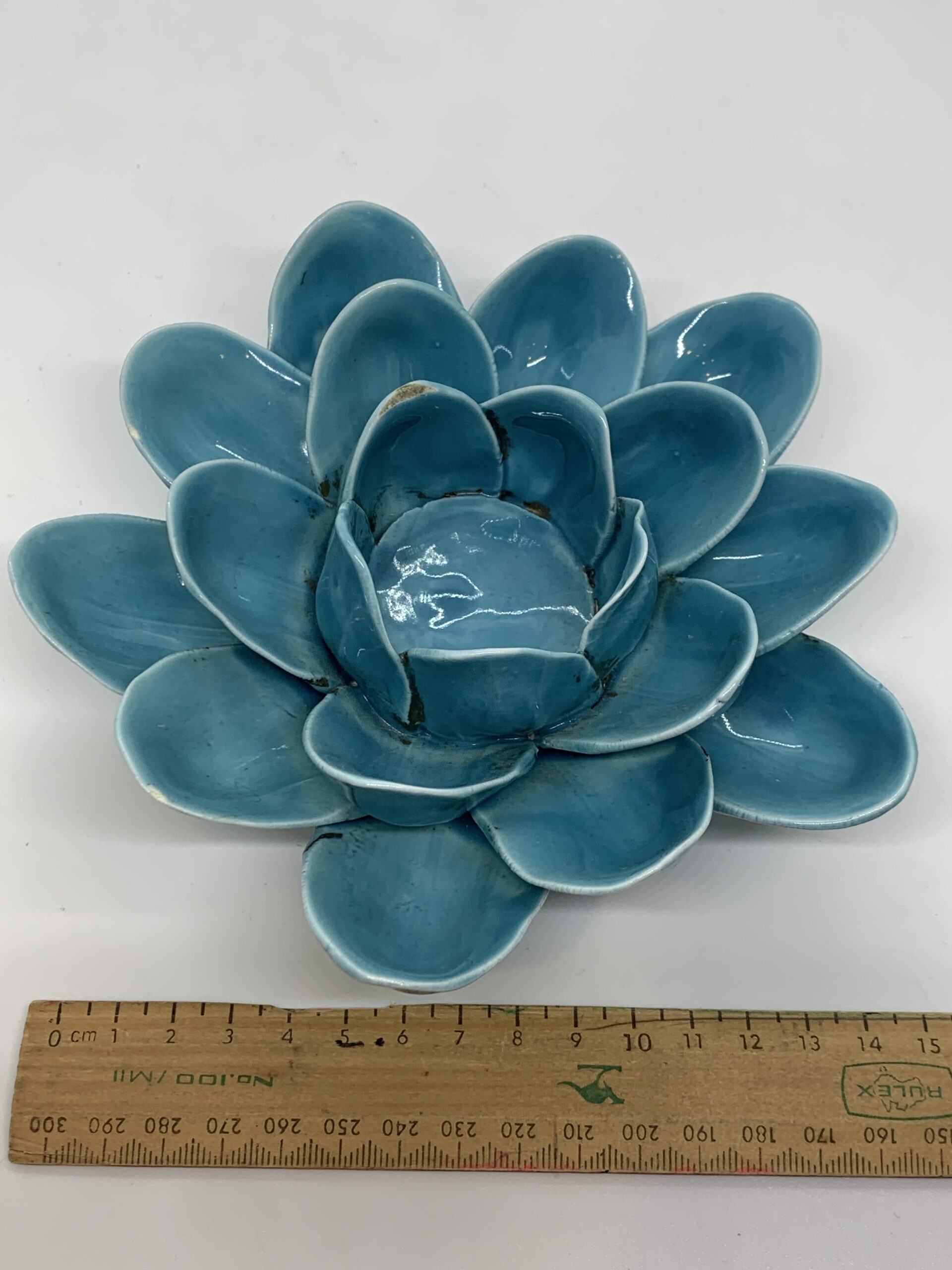 Blue Pottery Lotus Tea Light Holder 16cm wide (one chipped leaf ...