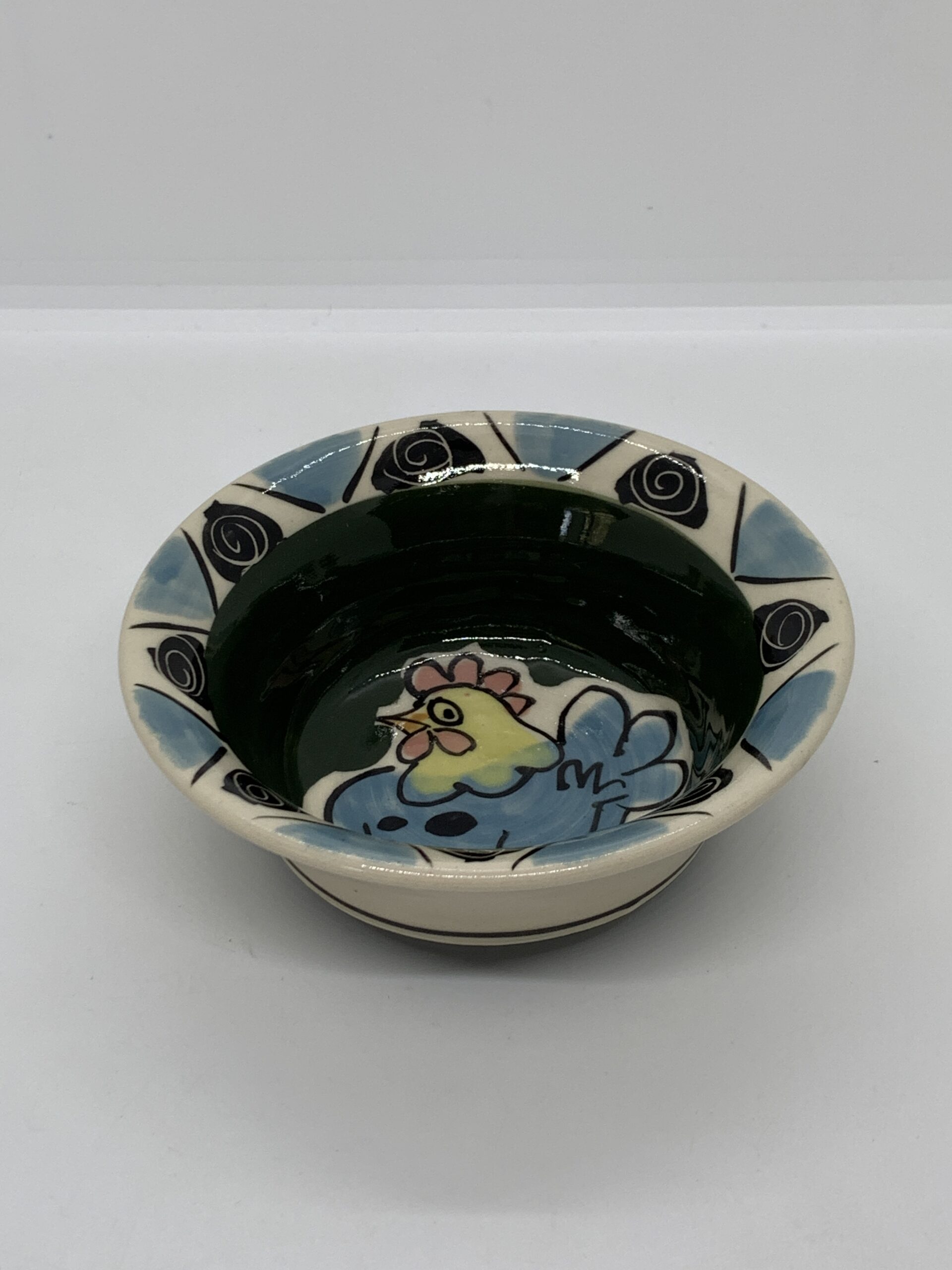 Studio Pottery Bowl with Chicken design 12cm wide - Vintage Keepsakes