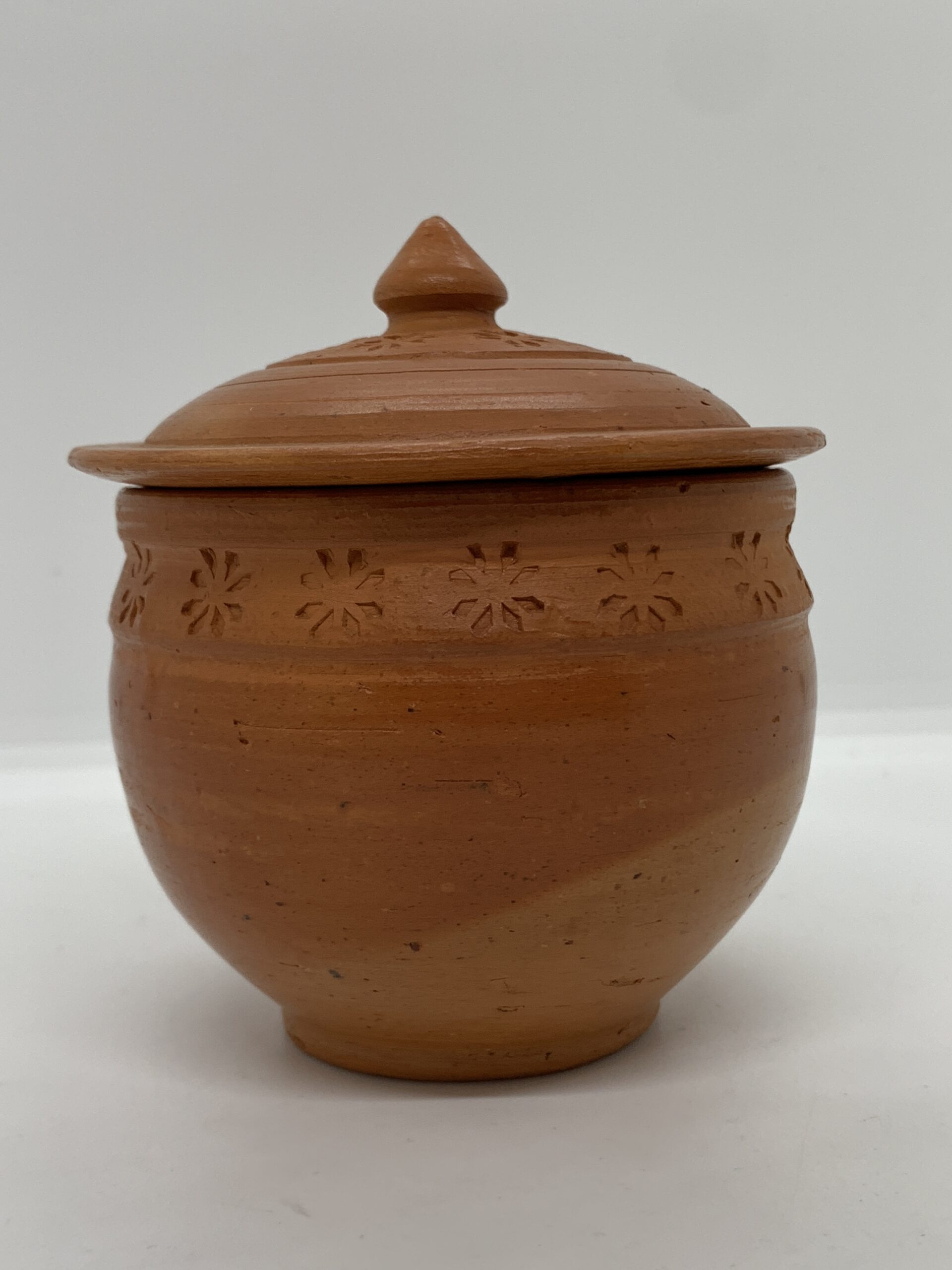 Small Terracotta Pottery Lidded Bowl 9cm high - Vintage Keepsakes