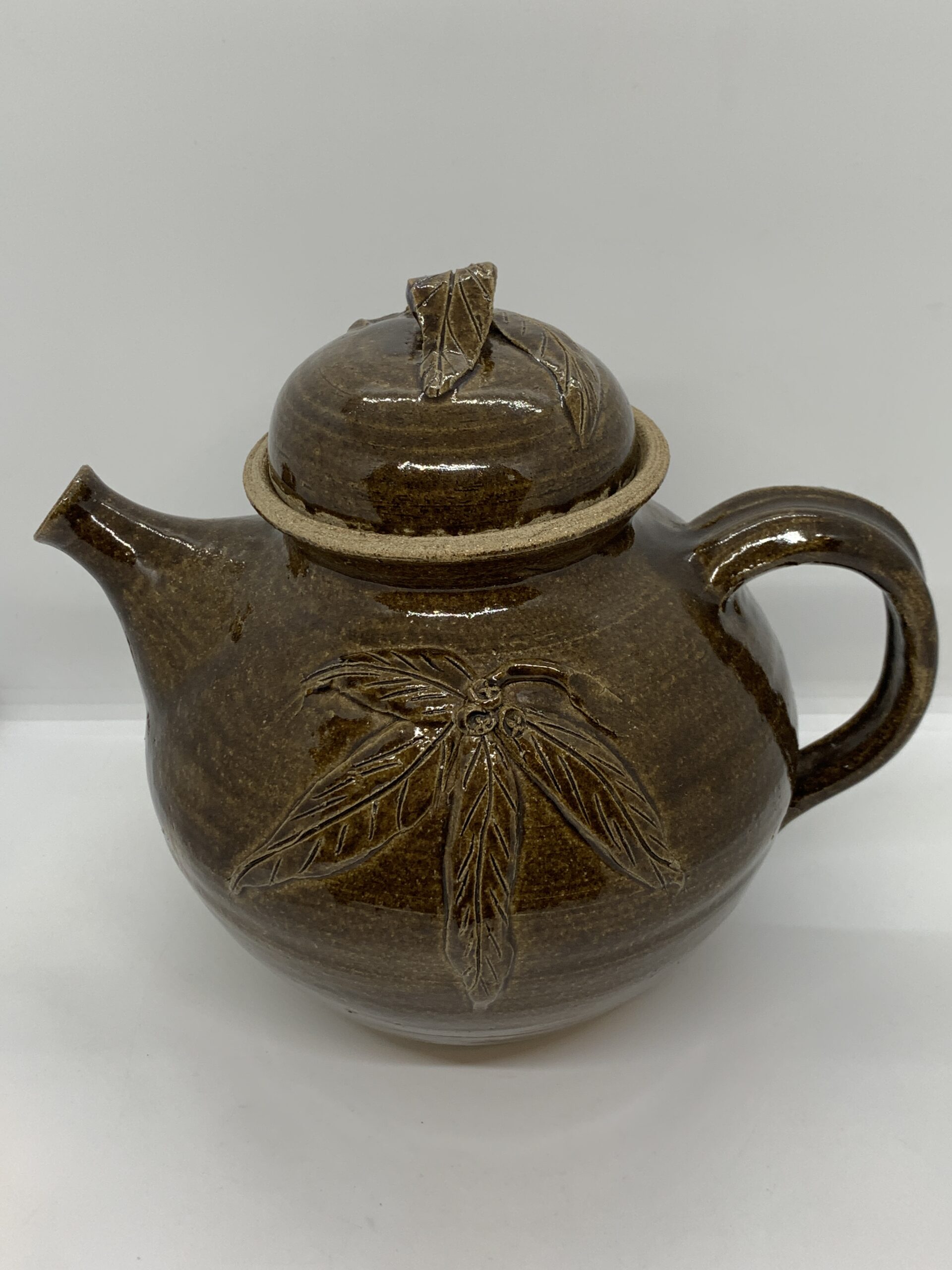 Brown Glazed Pottery Teapot with Gumleaf Adornments 19cm High - Vintage ...