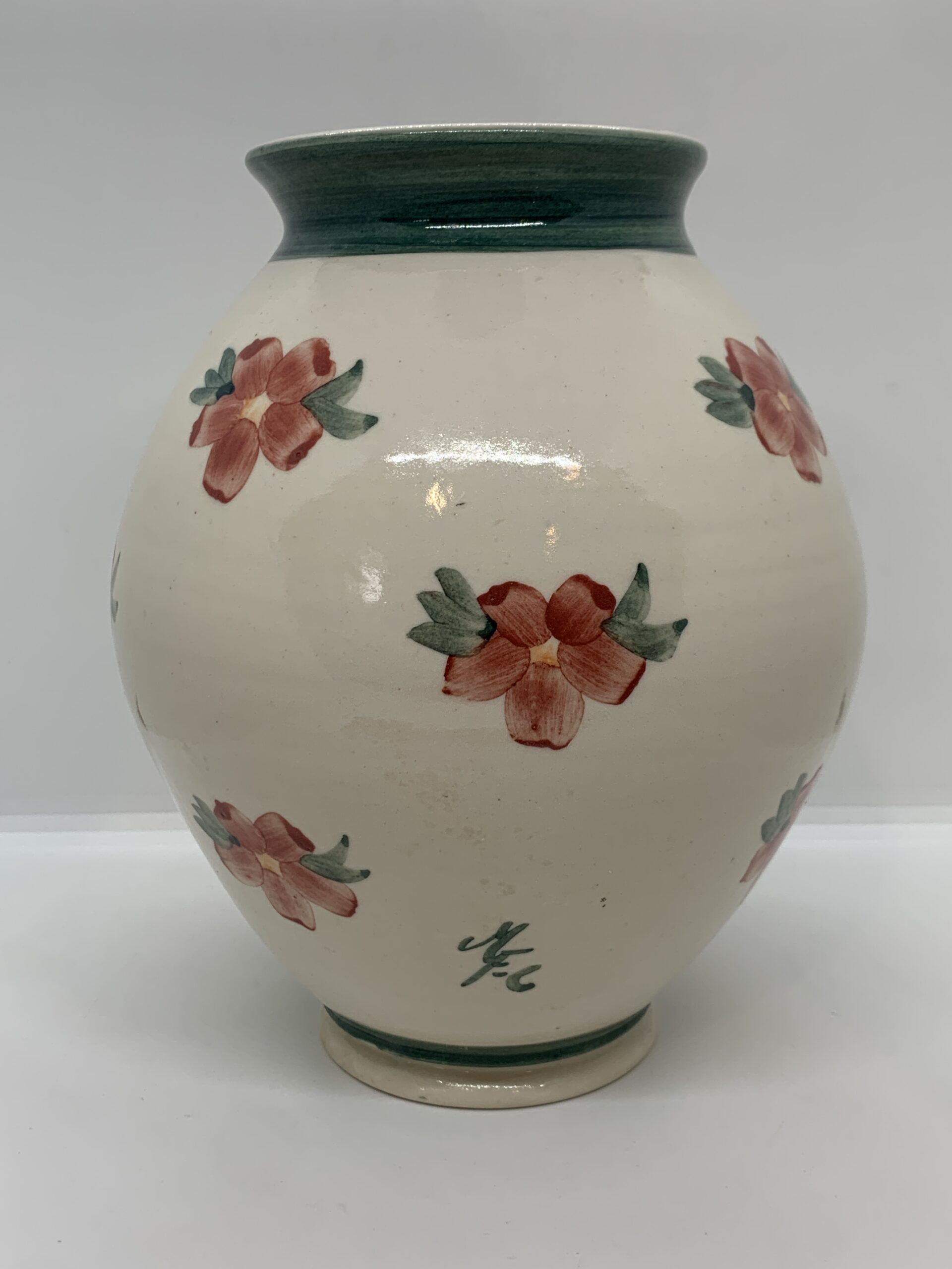 Studio Pottery Vase with Pink Flowers Design marked MFC (Maria Froia ...