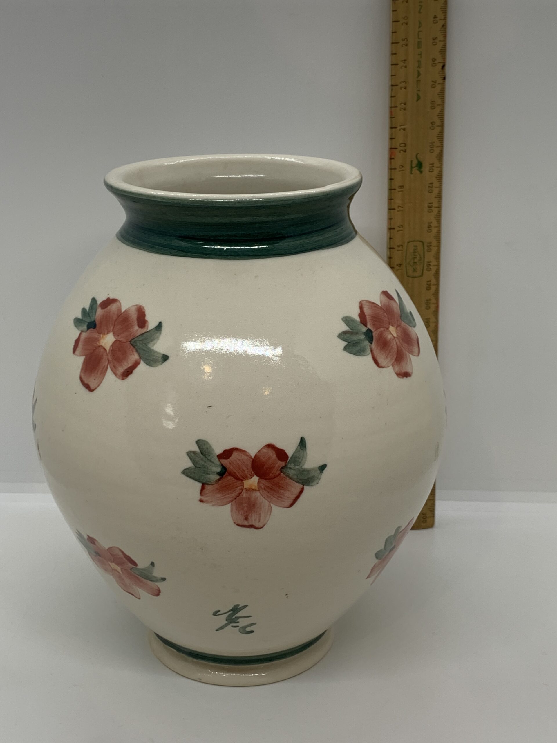 Studio Pottery Vase with Pink Flowers Design marked MFC (Maria Froia ...