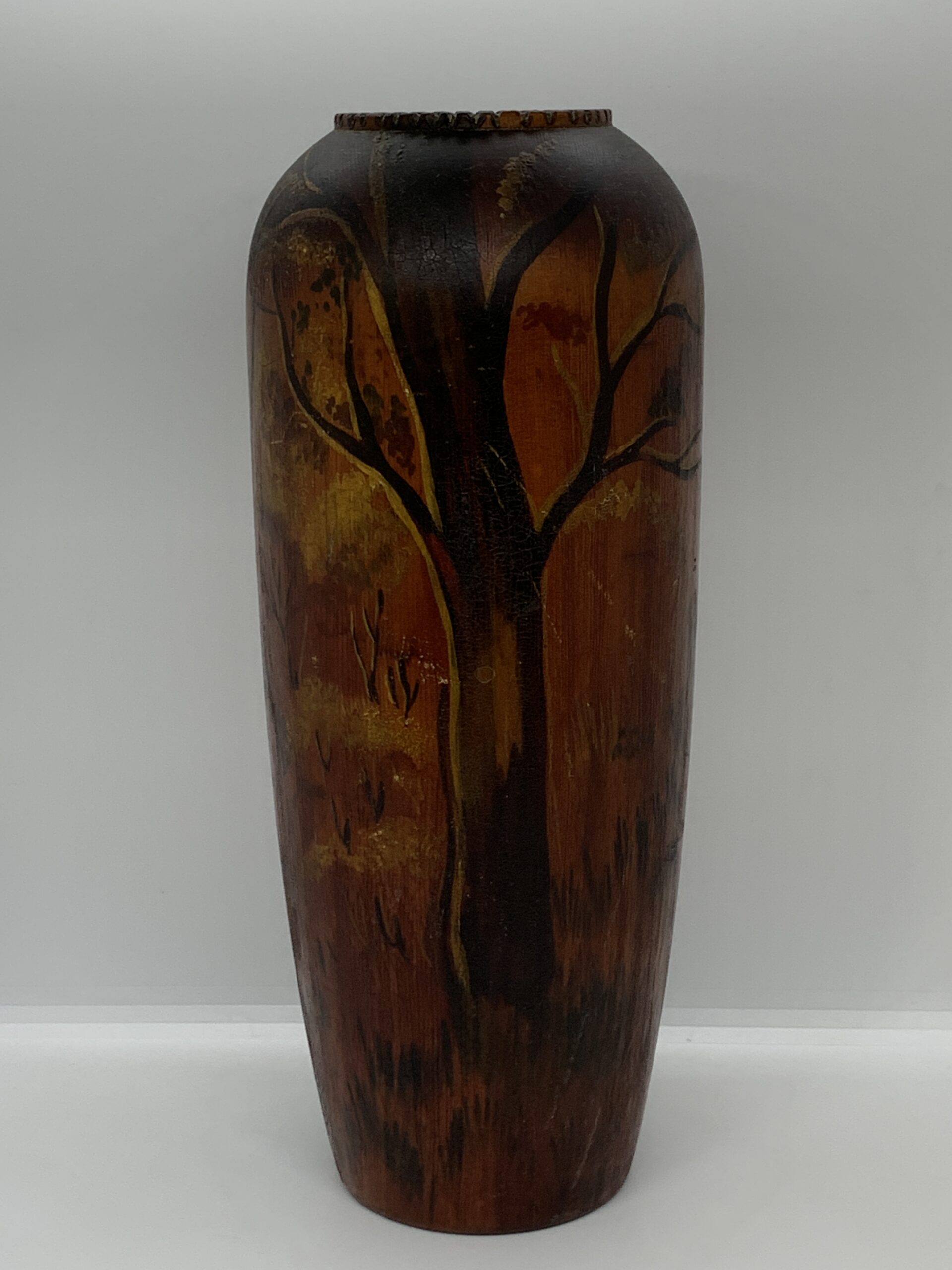 Vintage Pokerwork Vase with Hand Painted Trees and Lady Picture signed ...