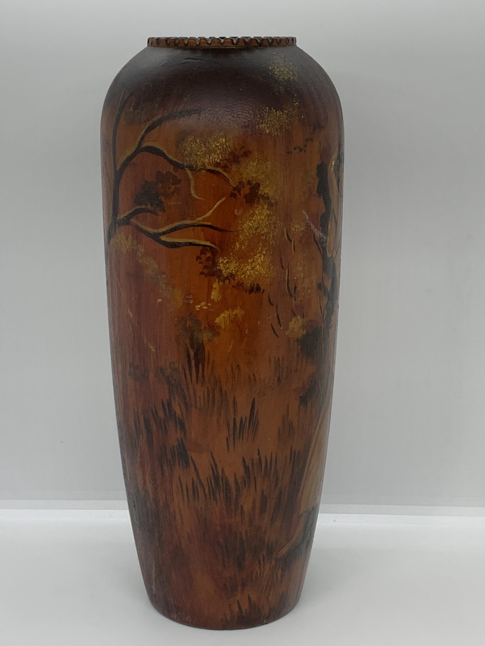 Vintage Pokerwork Vase with Hand Painted Trees and Lady Picture signed ...