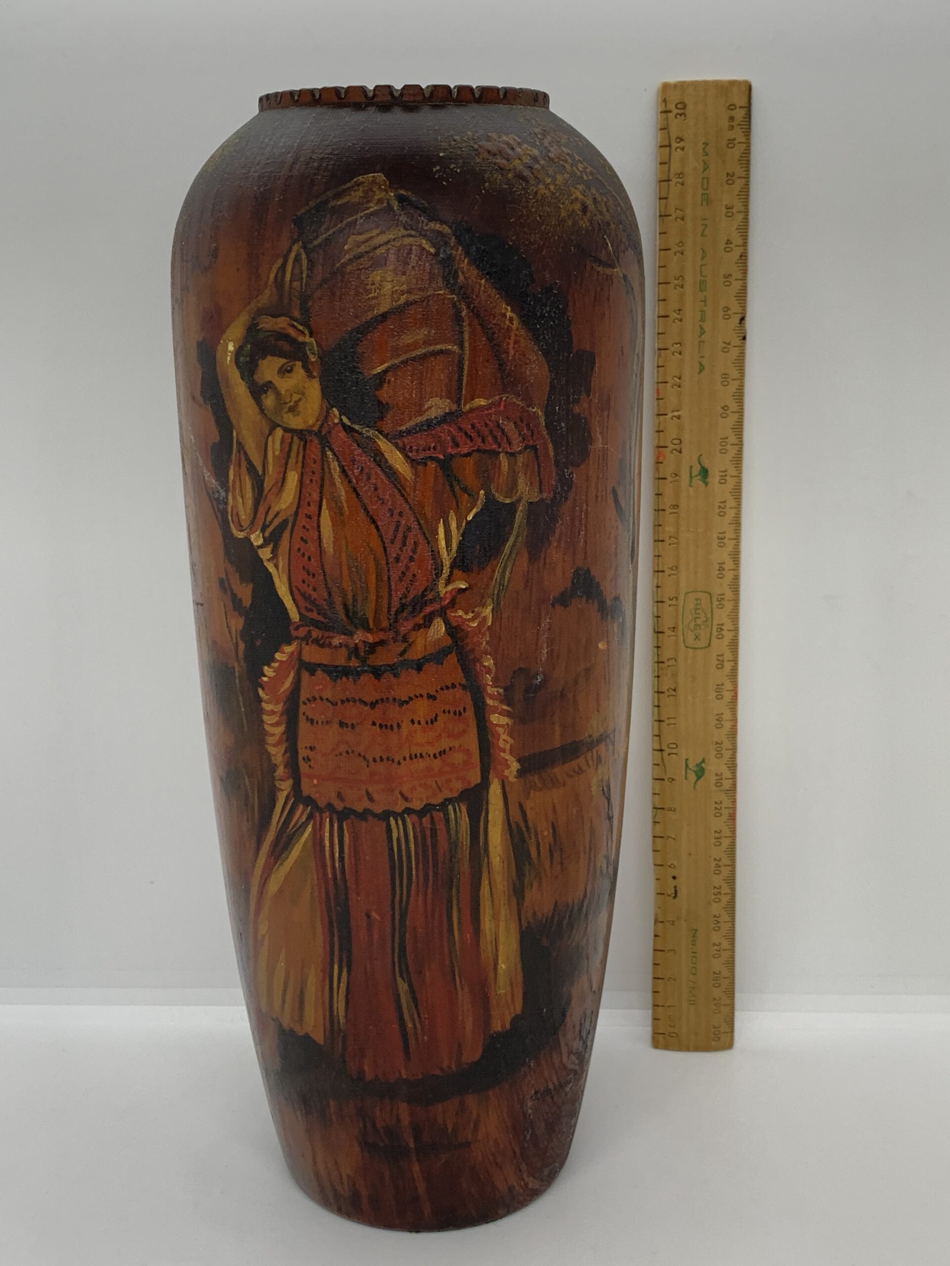 Vintage Pokerwork Vase with Hand Painted Trees and Lady Picture signed ...