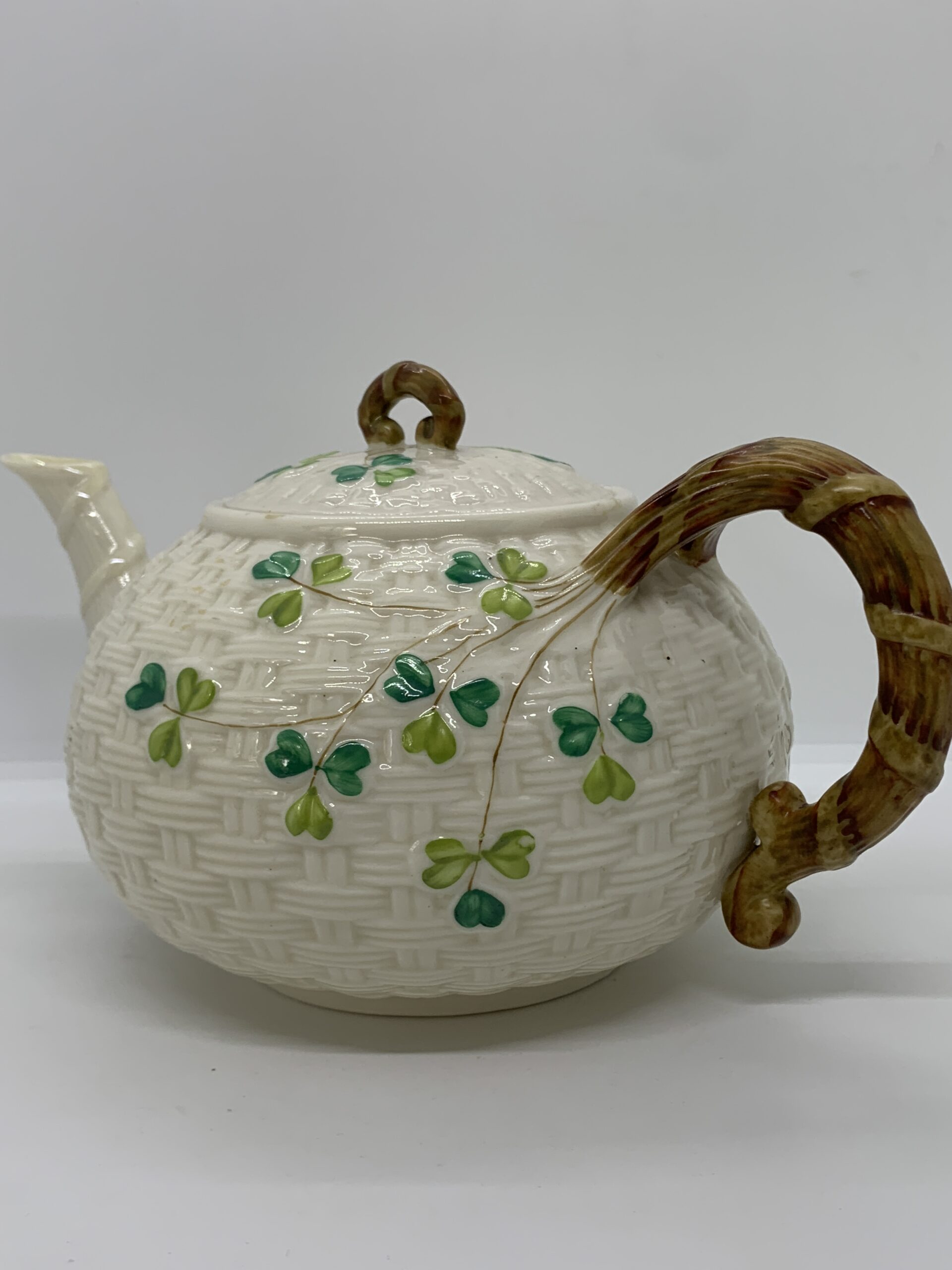 Belleek Shamrock Basket Weave Pattern Black stamp Teapot (small chips ...