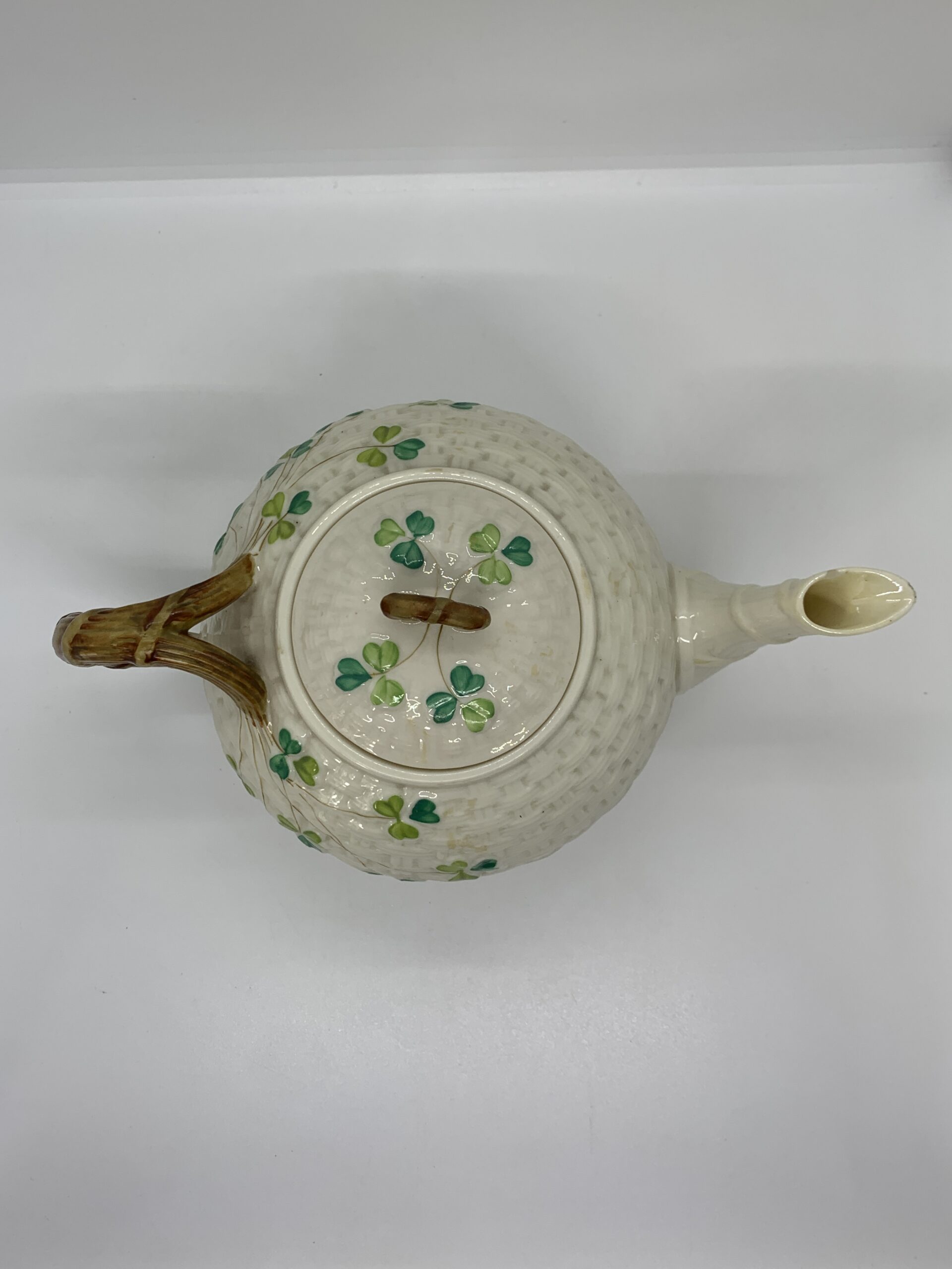 Belleek Shamrock Basket Weave Pattern Black stamp Teapot (small chips ...