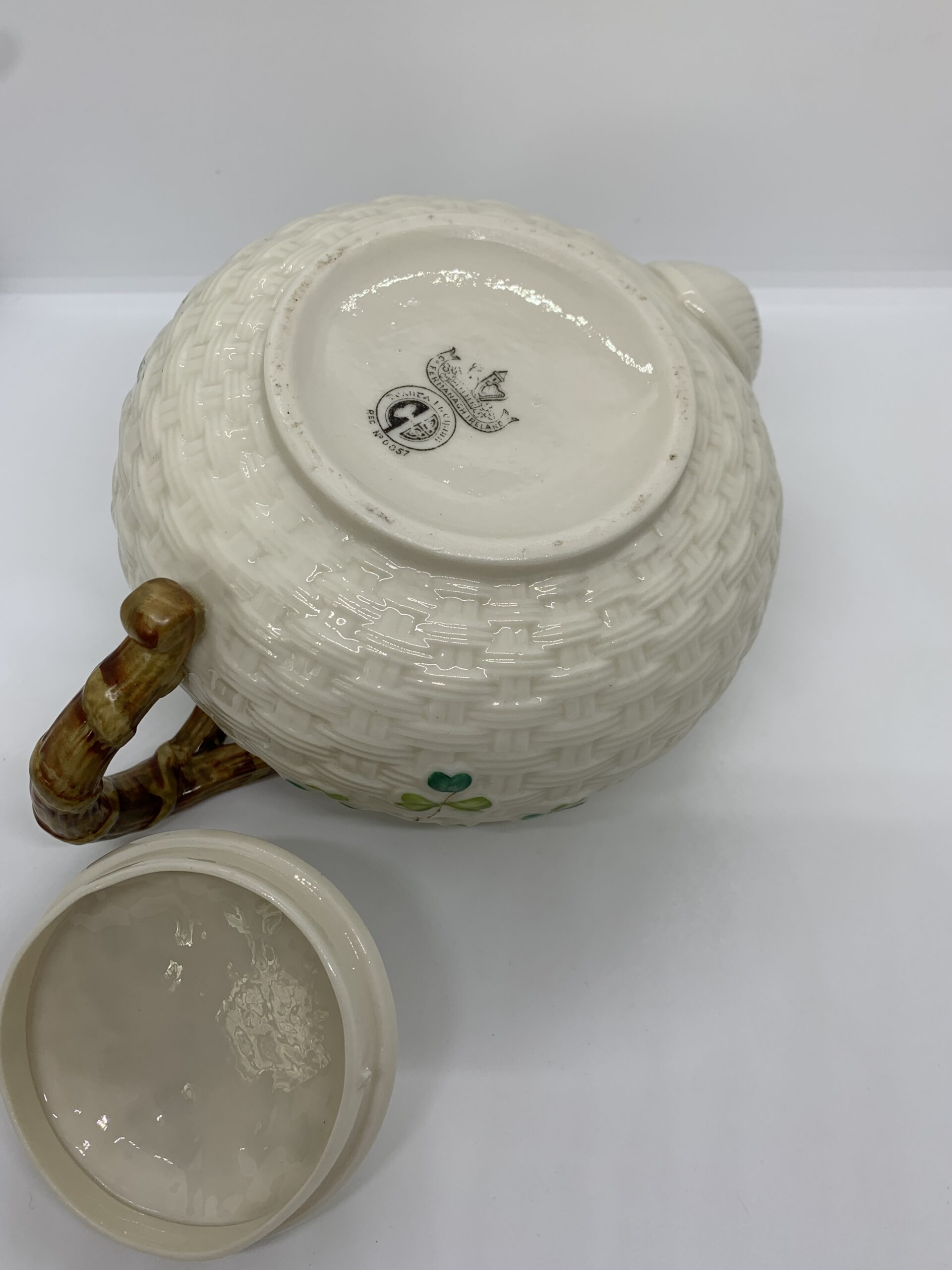 Belleek Shamrock Basket Weave Pattern Black stamp Teapot (small chips ...
