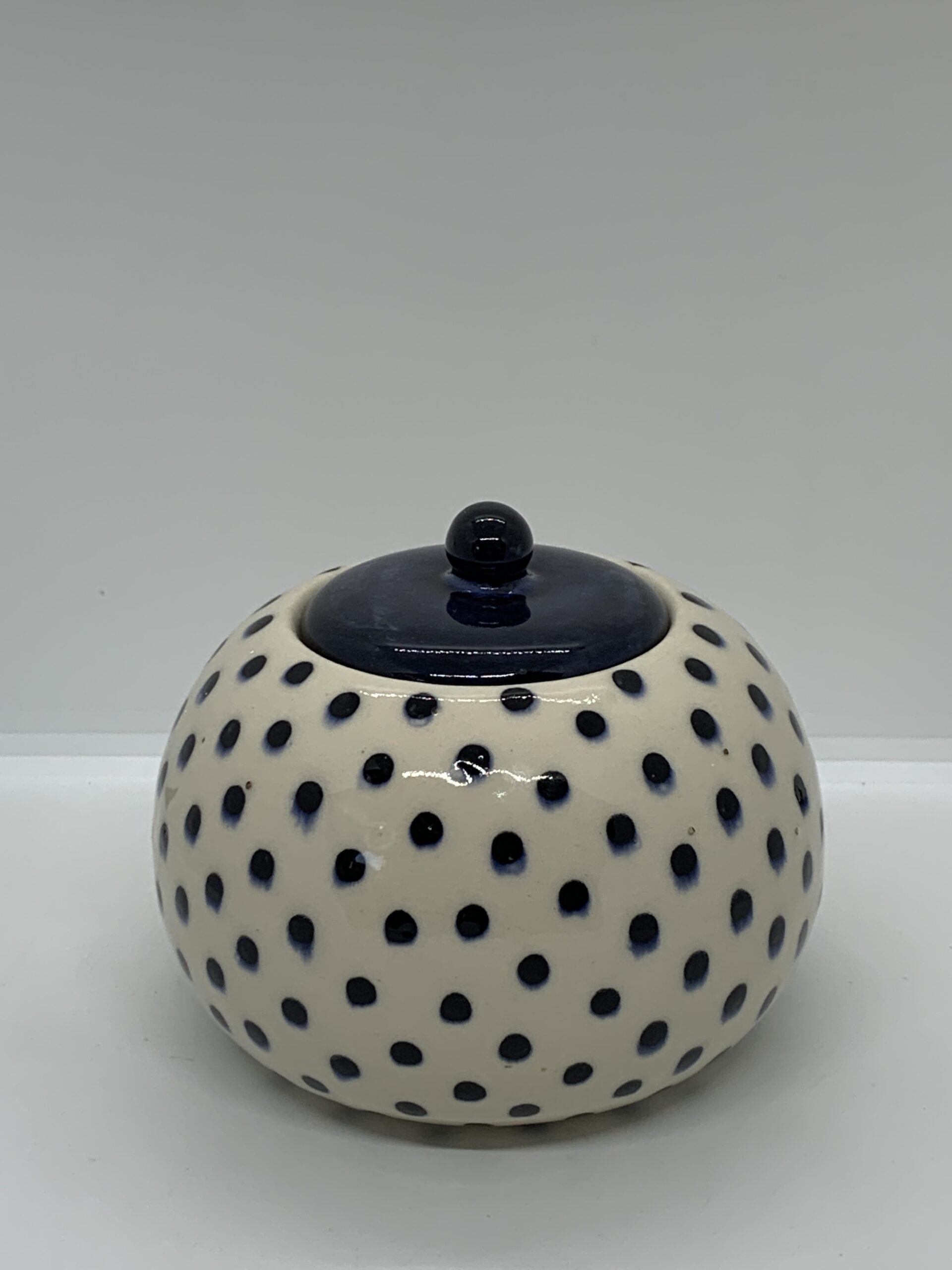 Blue Spotted Pottery Lidded Bowl 10cm high (signed to base) - Vintage ...