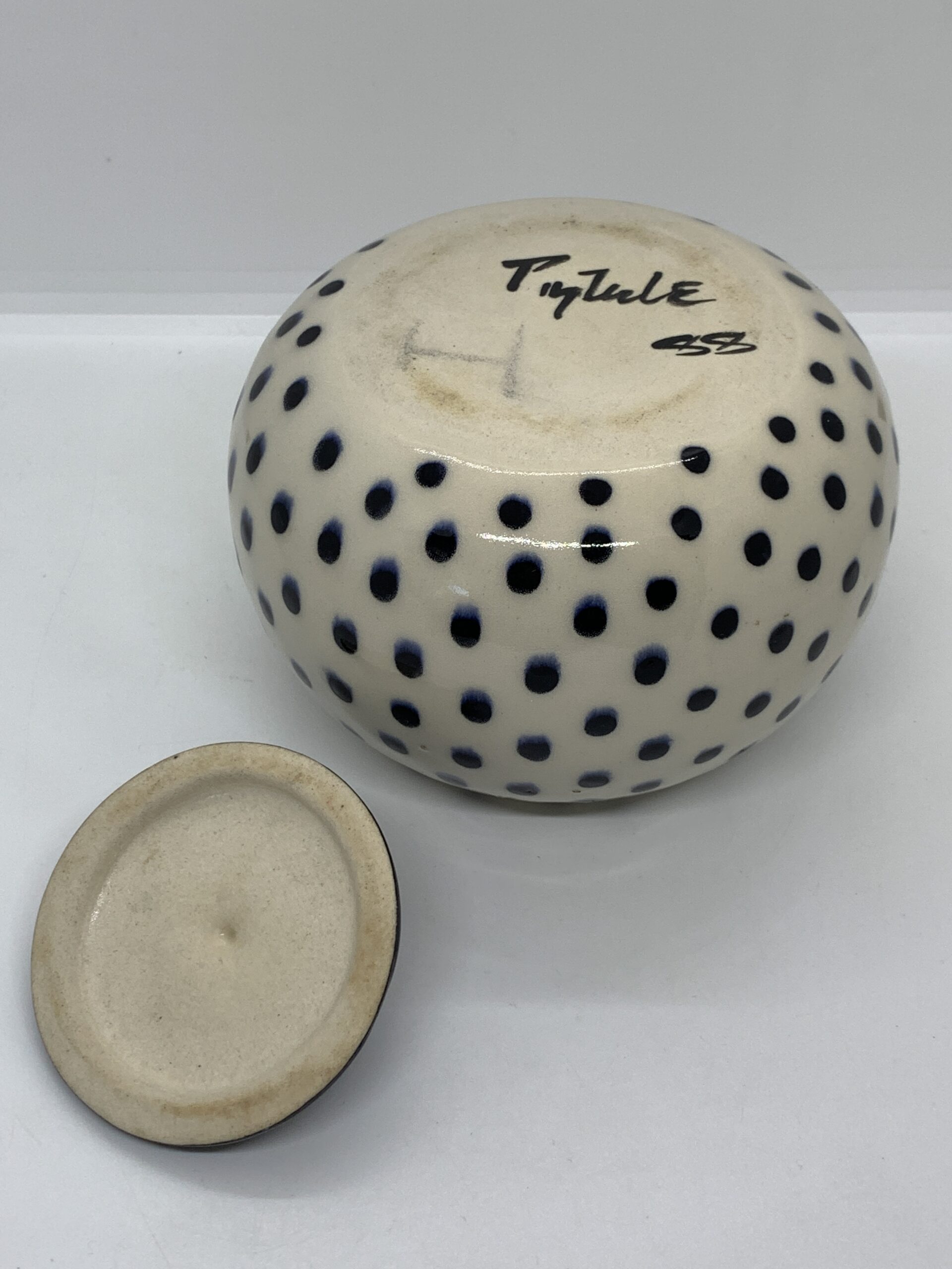 Blue Spotted Pottery Lidded Bowl 10cm high (signed to base) - Vintage ...