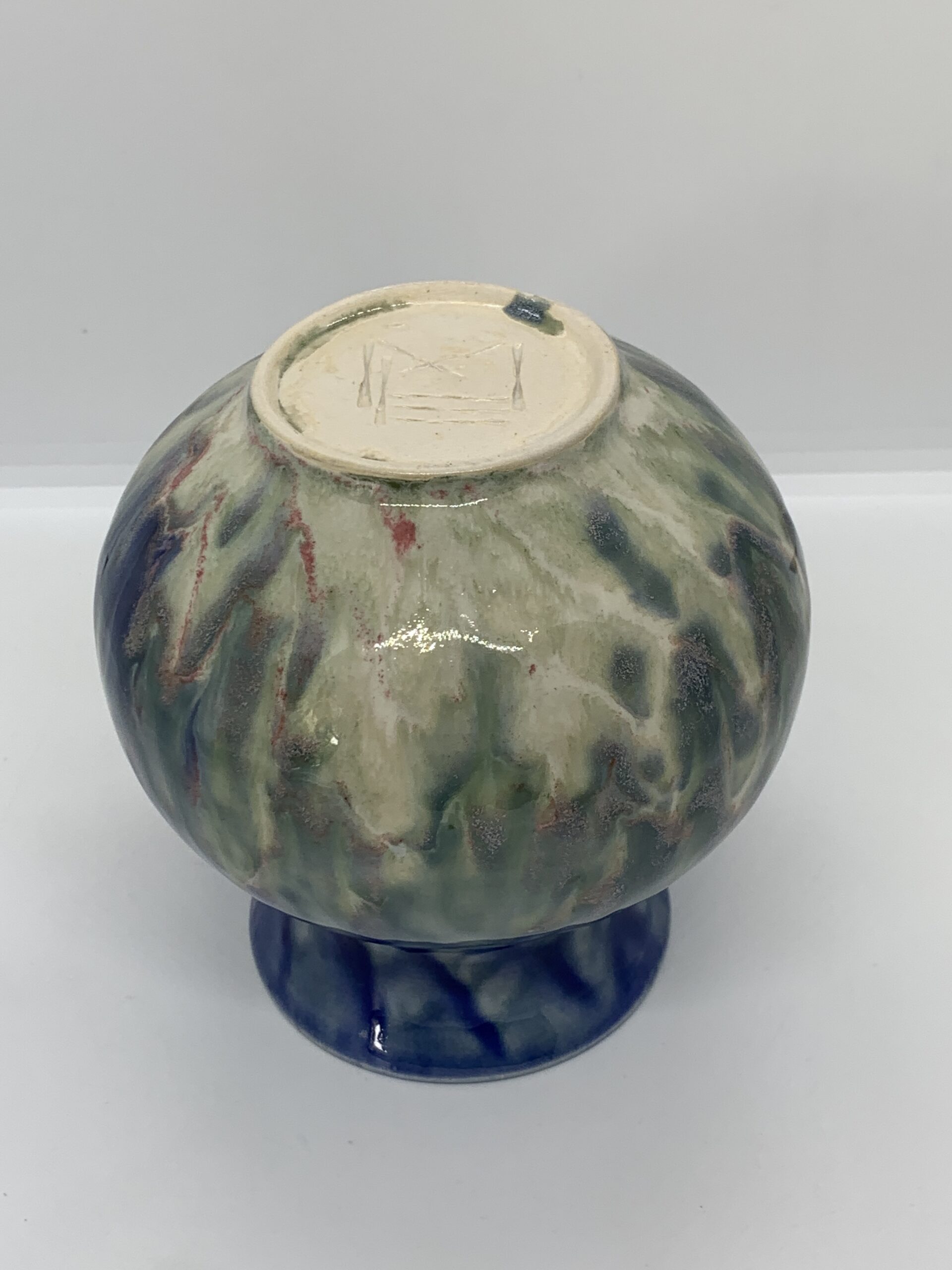 Beautiful Blue Green Drip Glaze Pottery Vase 13cm (incised marks to ...