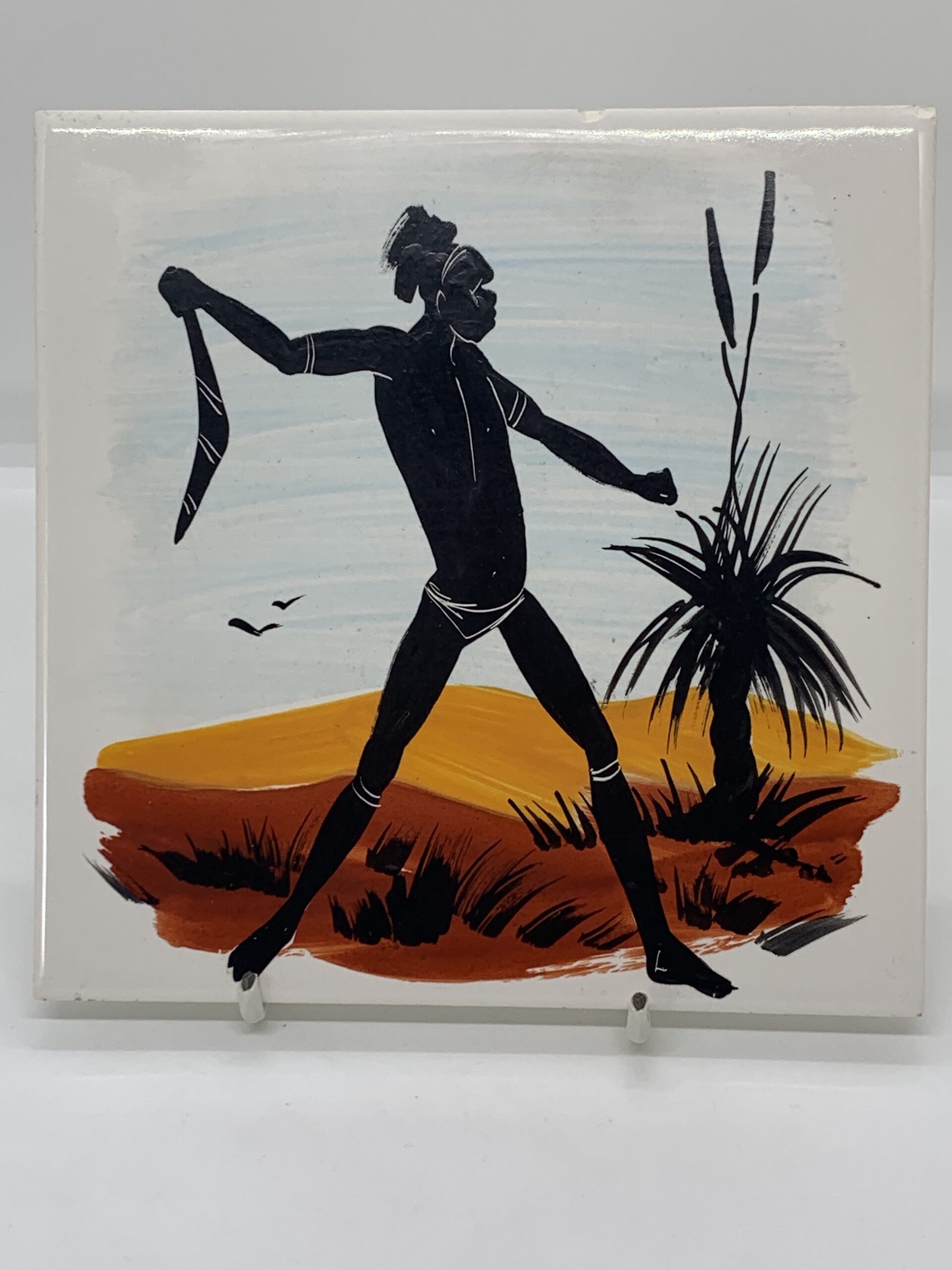 Painted Square Tile of Aboriginal Man throwing Boomerang 15cm - Vintage ...