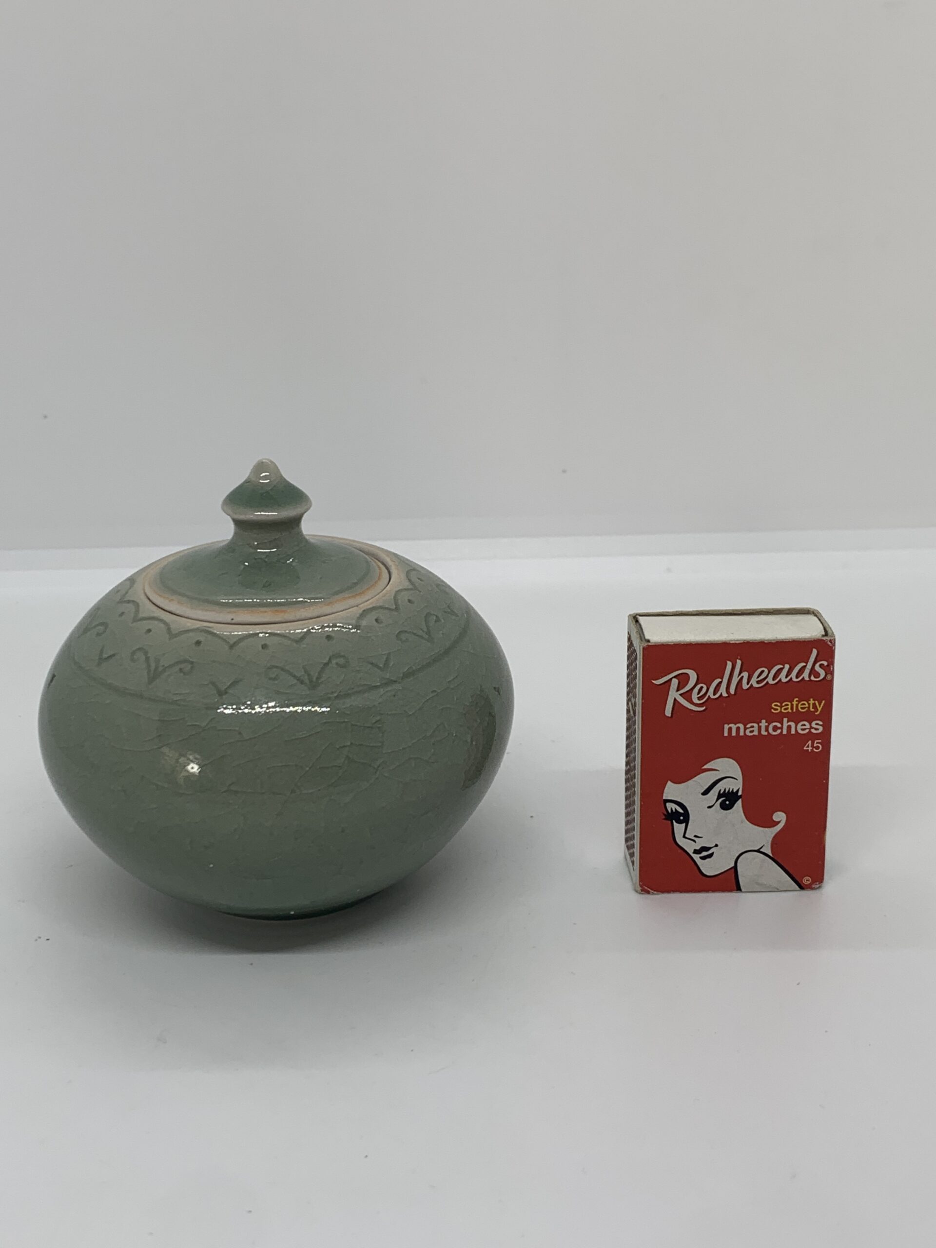 Celadon Round Lidded Pot stamped to base 9cm wide - Vintage Keepsakes