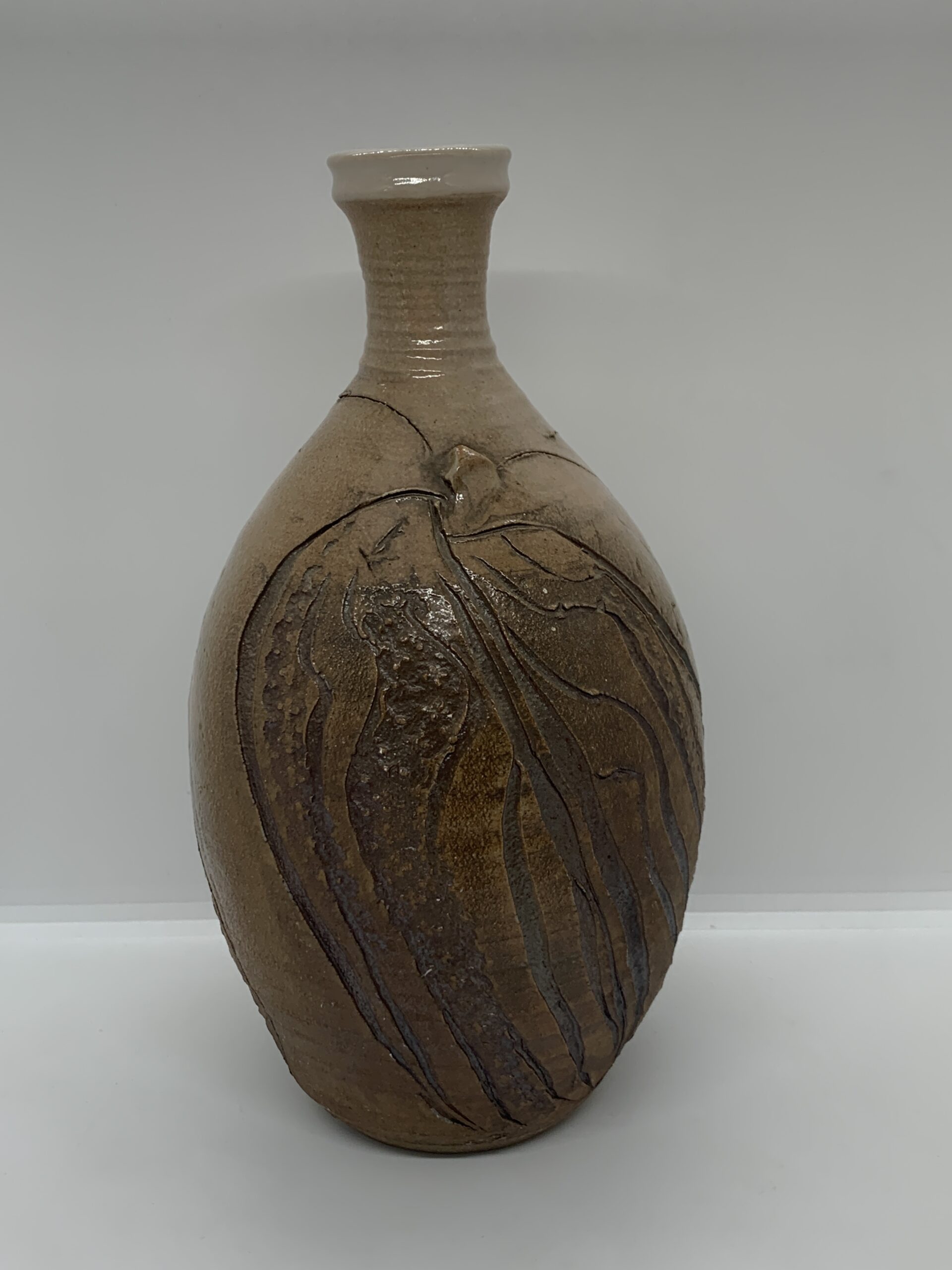 Large Incised Pattern Pottery Vase with Narrow Top 24cm (stamped to the ...