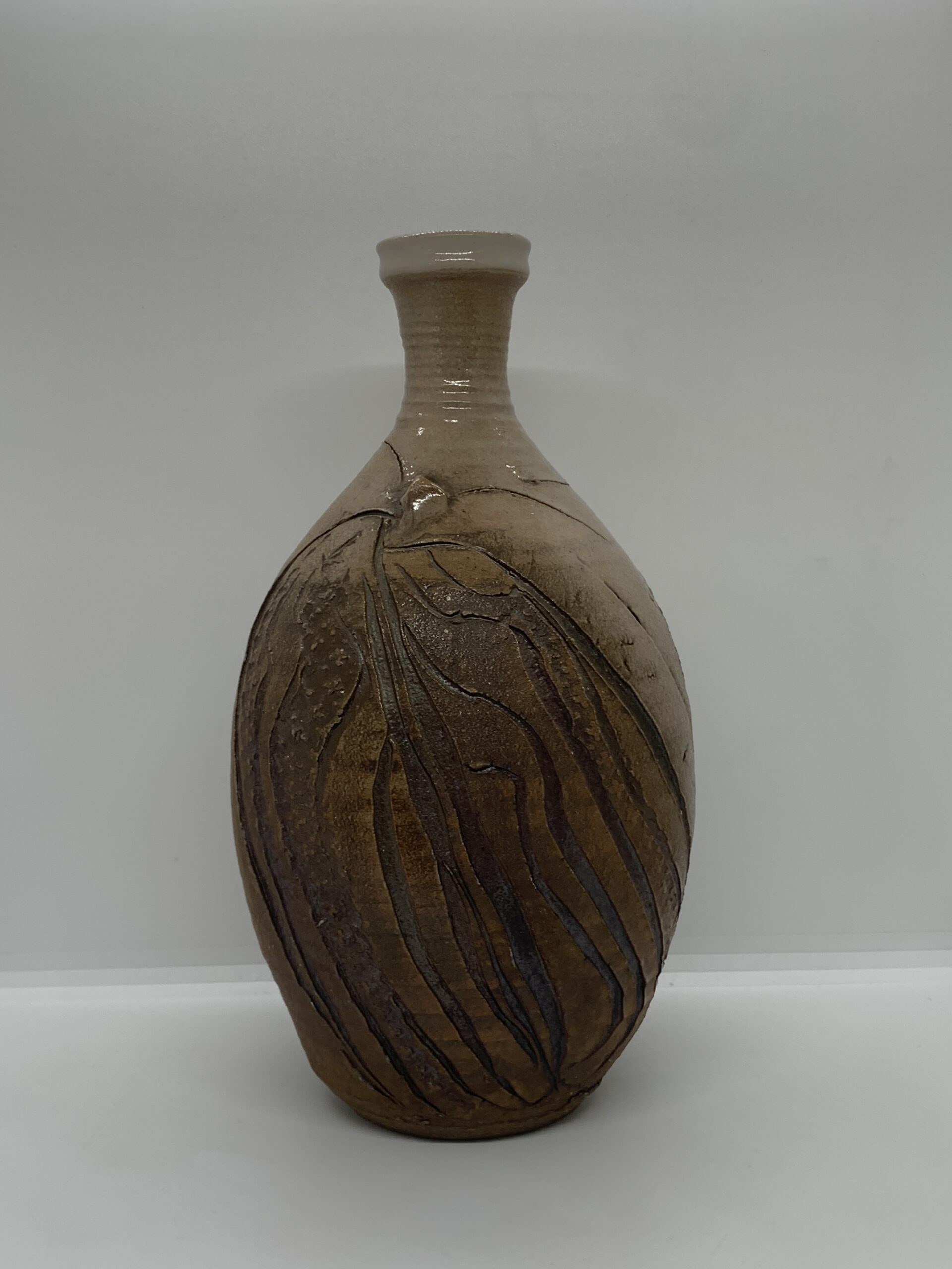Large Incised Pattern Pottery Vase with Narrow Top 24cm (stamped to the ...