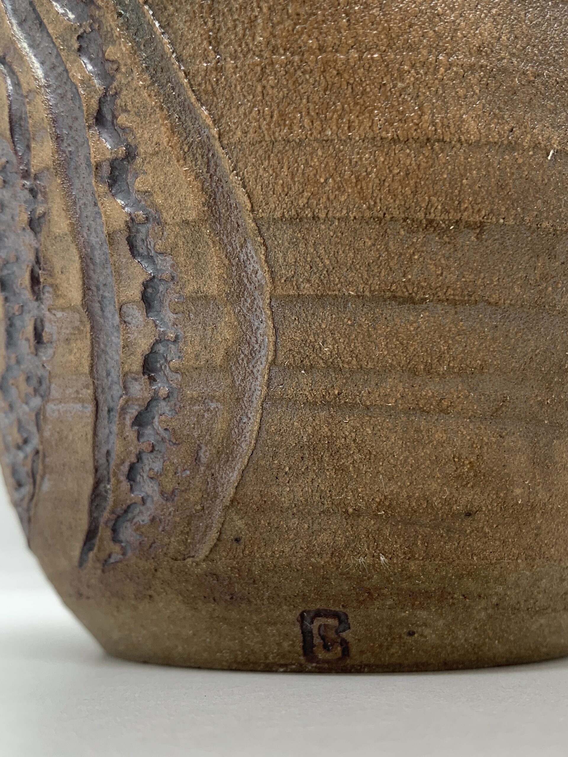 Large Incised Pattern Pottery Vase with Narrow Top 24cm (stamped to the ...