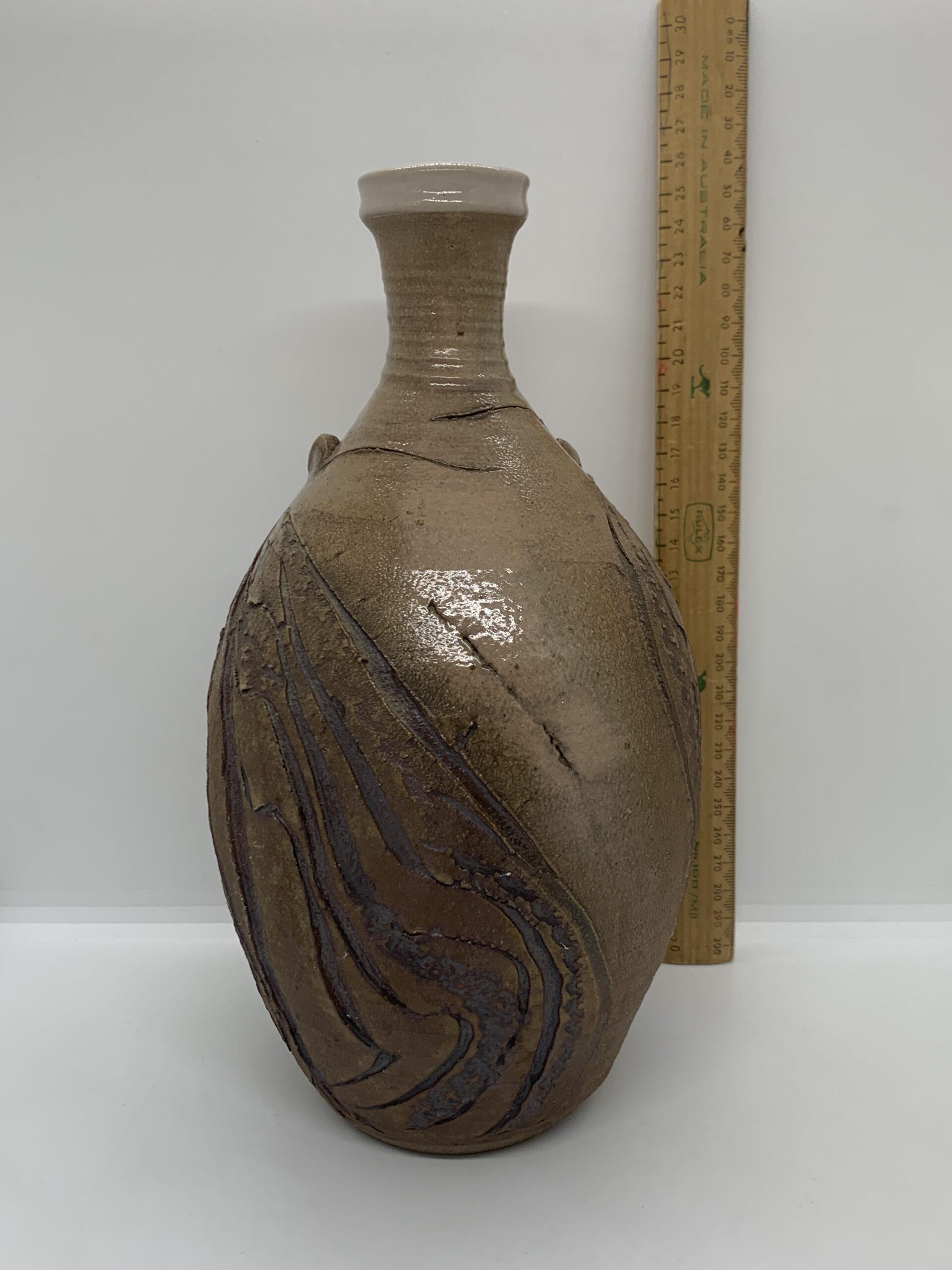 Large Incised Pattern Pottery Vase with Narrow Top 24cm (stamped to the ...