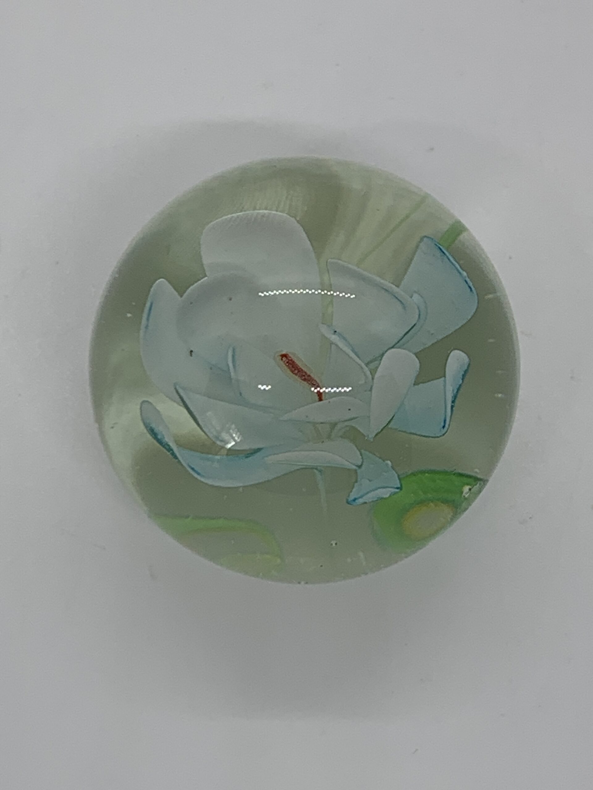 Small Glass Paperweight with White Flower 4cm - Vintage Keepsakes