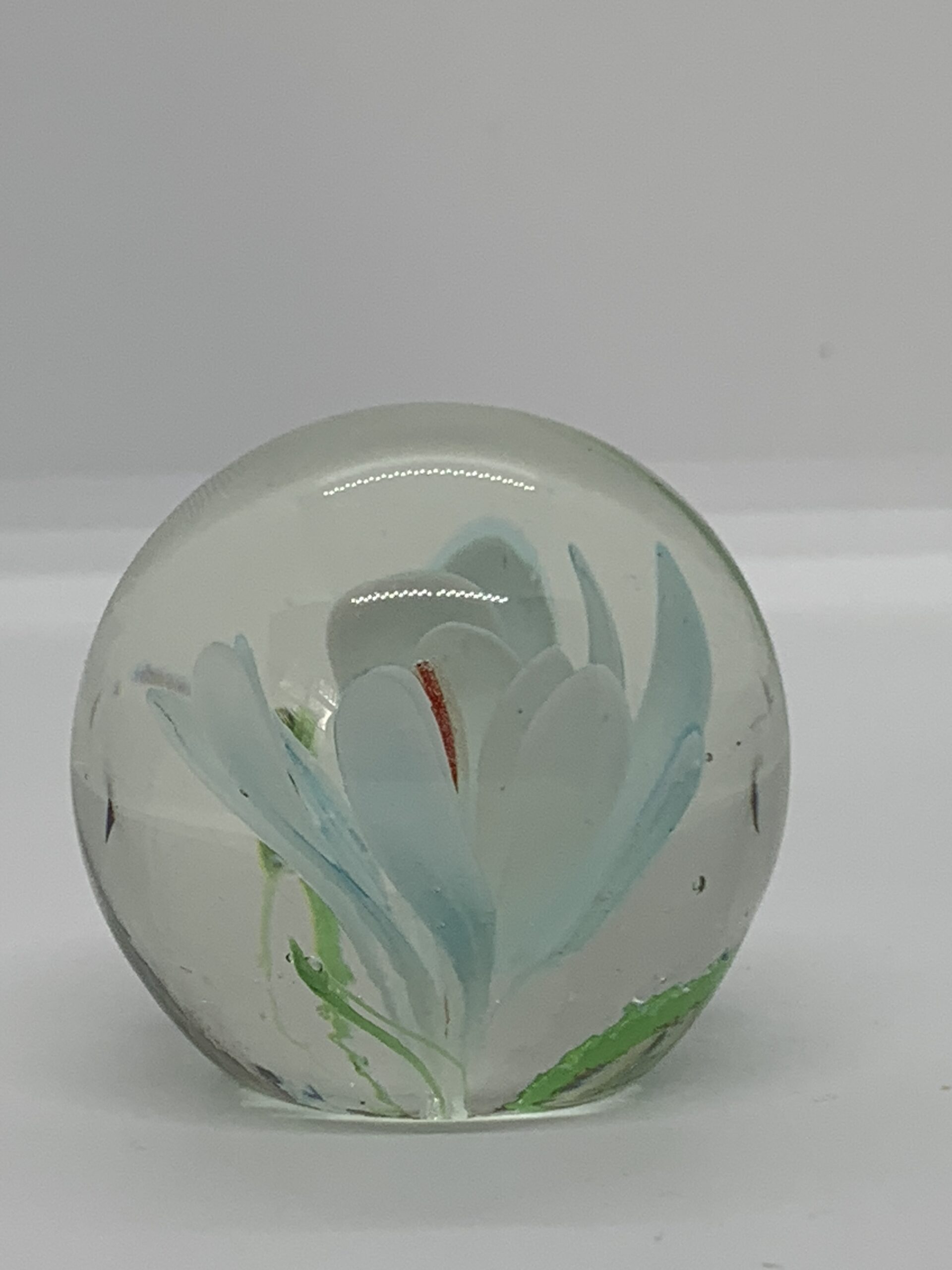 Small Glass Paperweight with White Flower 4cm - Vintage Keepsakes