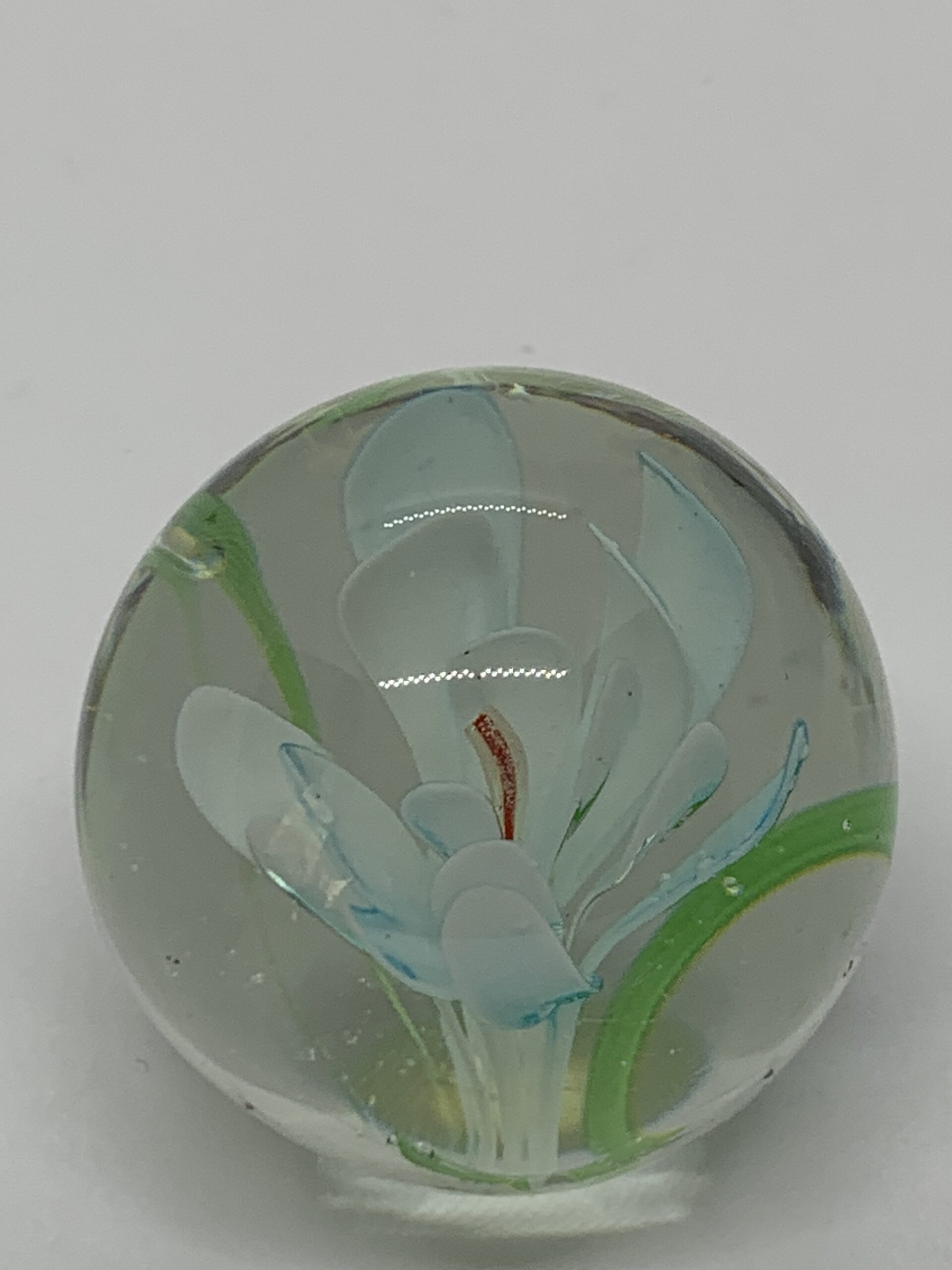 Small Glass Paperweight with White Flower 4cm - Vintage Keepsakes
