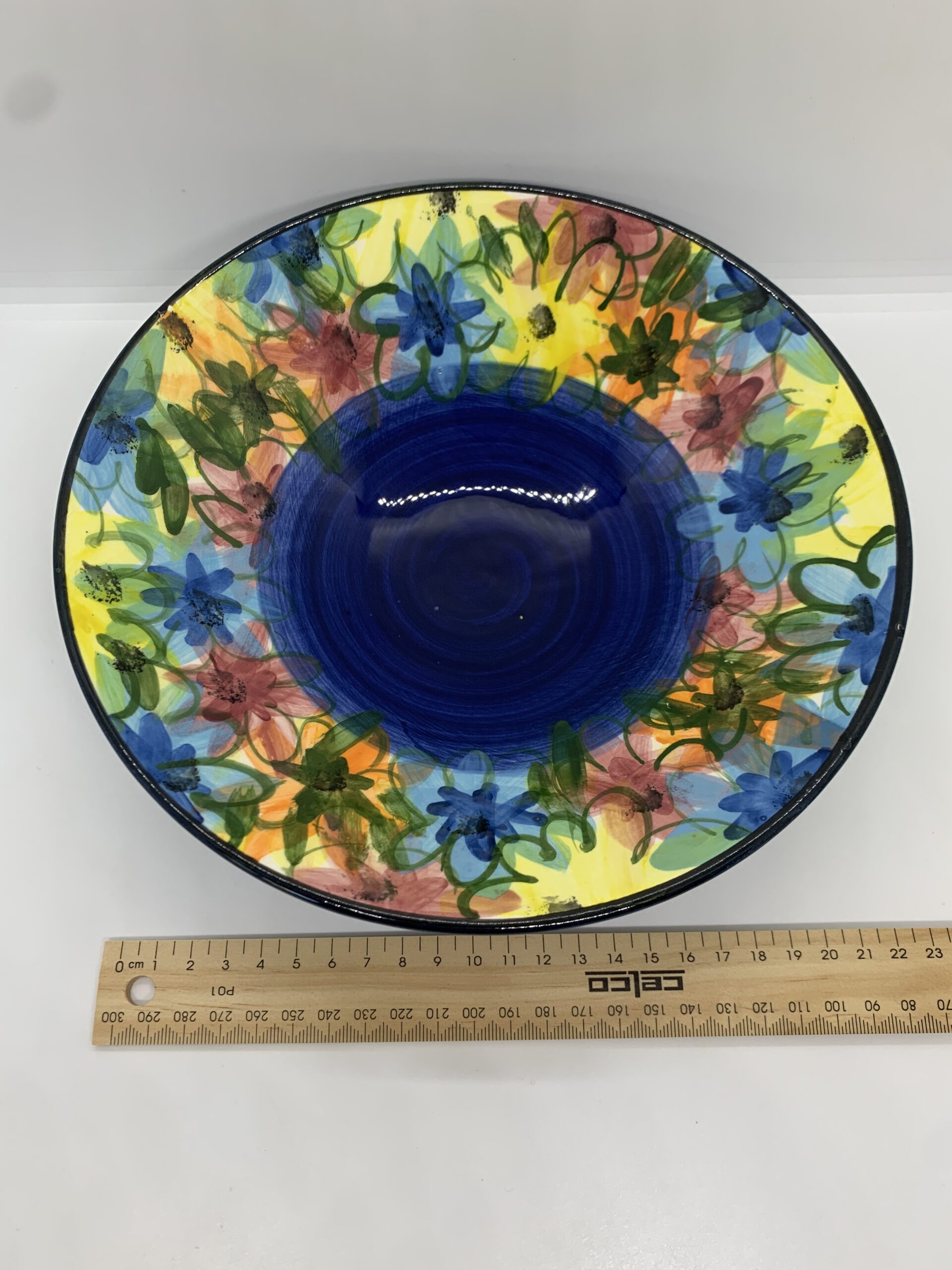 Kate Blue Pottery with Floral Edge Bowl 23cm - Vintage Keepsakes