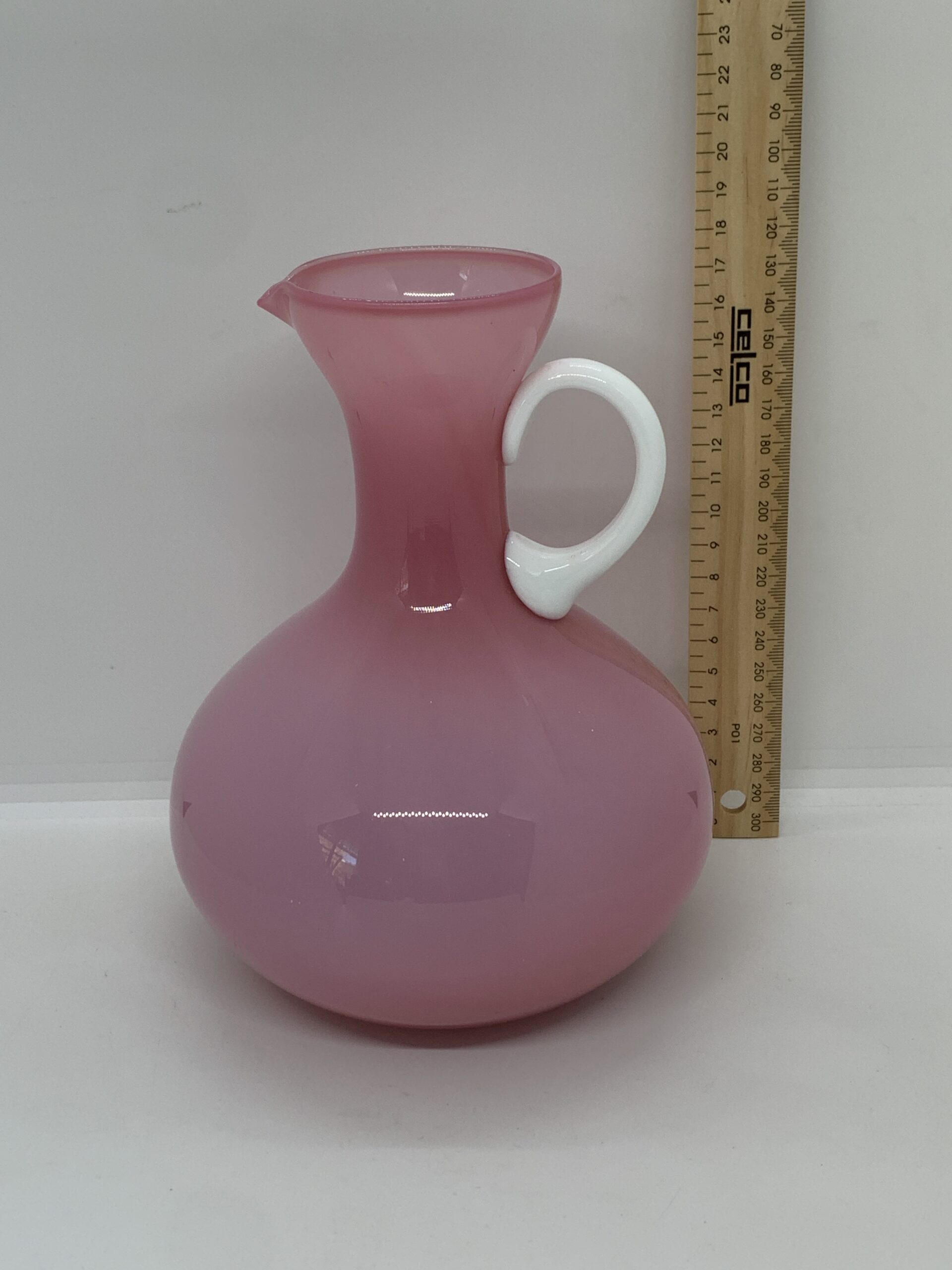 Pink Italian Glass Ewer with White Handle 18cm - Vintage Keepsakes