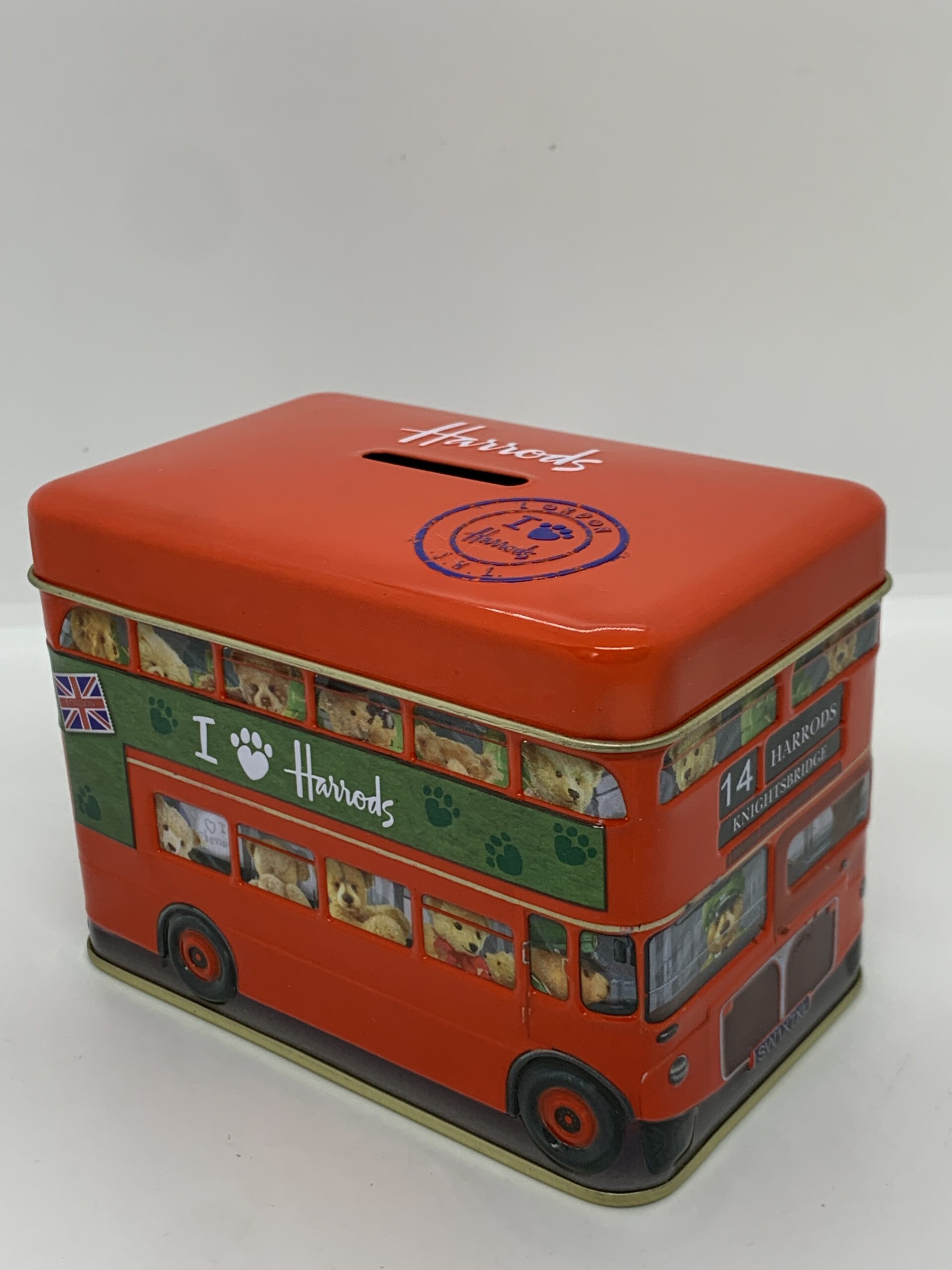 Harrods Double Decker Bus Money Box Tin 9cm high - Vintage Keepsakes