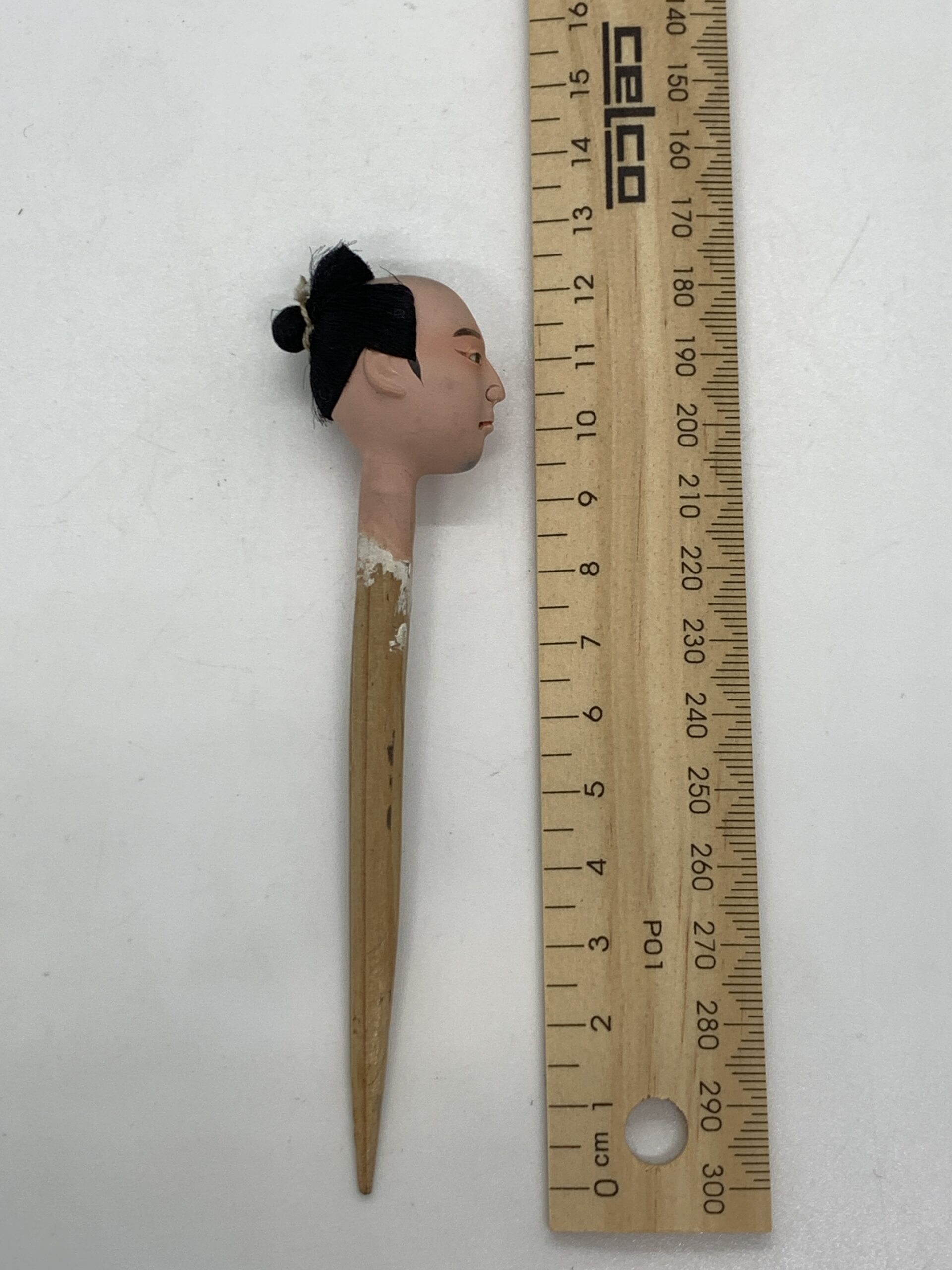 Japanese Folk Art Doll Head Marked (signed) on Stick 12cm (with stick ...