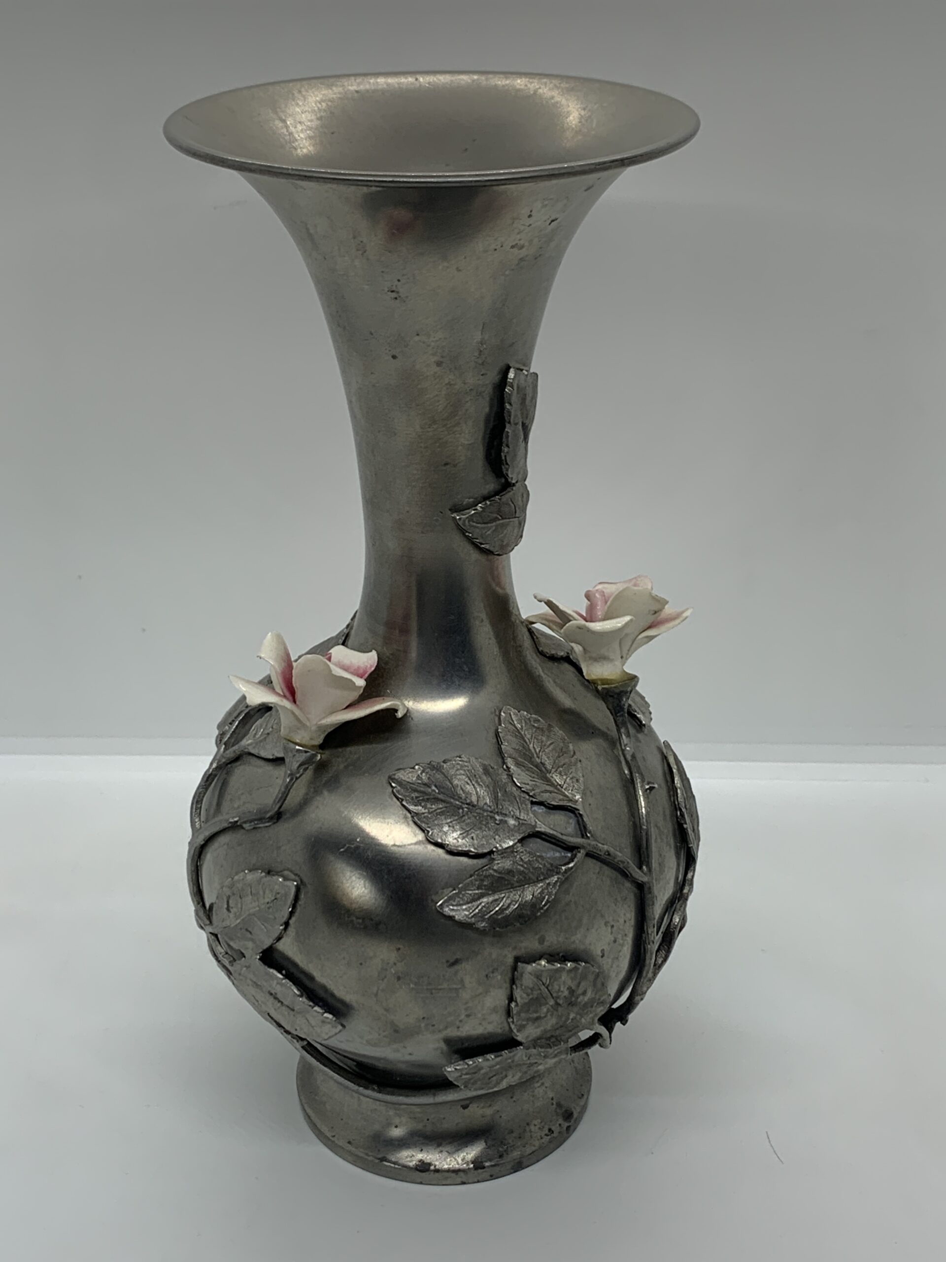 Vintage Lavorazione A Mano Peltro Pewter and Porcelain Rose Vase 25cm ...