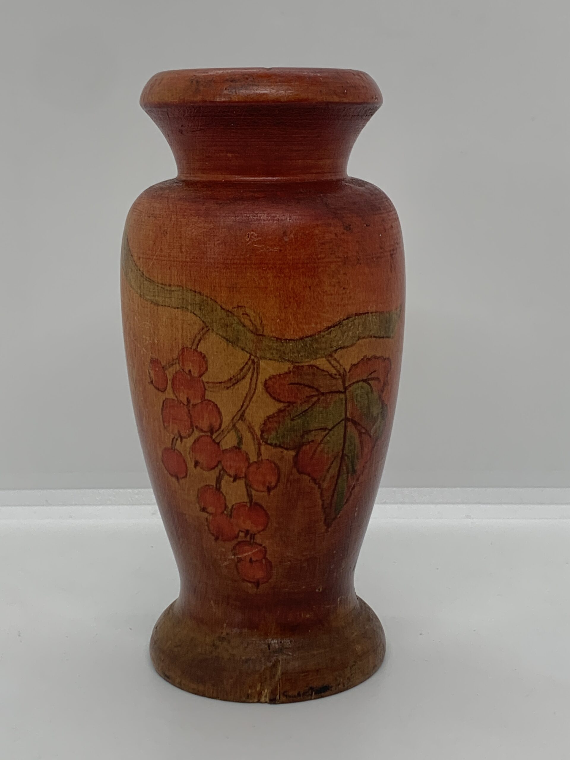 Pokerwork Vase with Grape and Vine Design 16cm - Vintage Keepsakes
