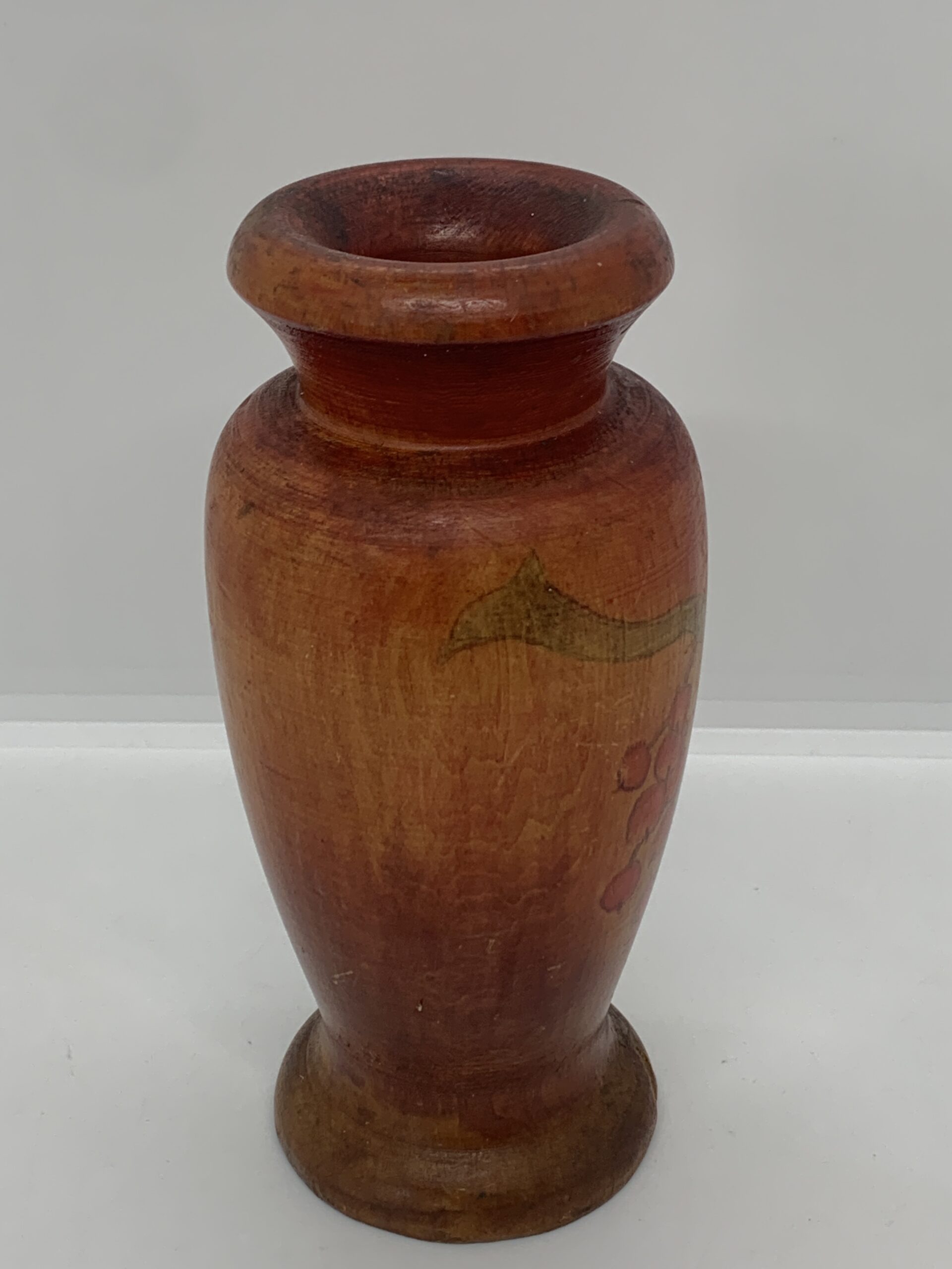 Pokerwork Vase with Grape and Vine Design 16cm - Vintage Keepsakes