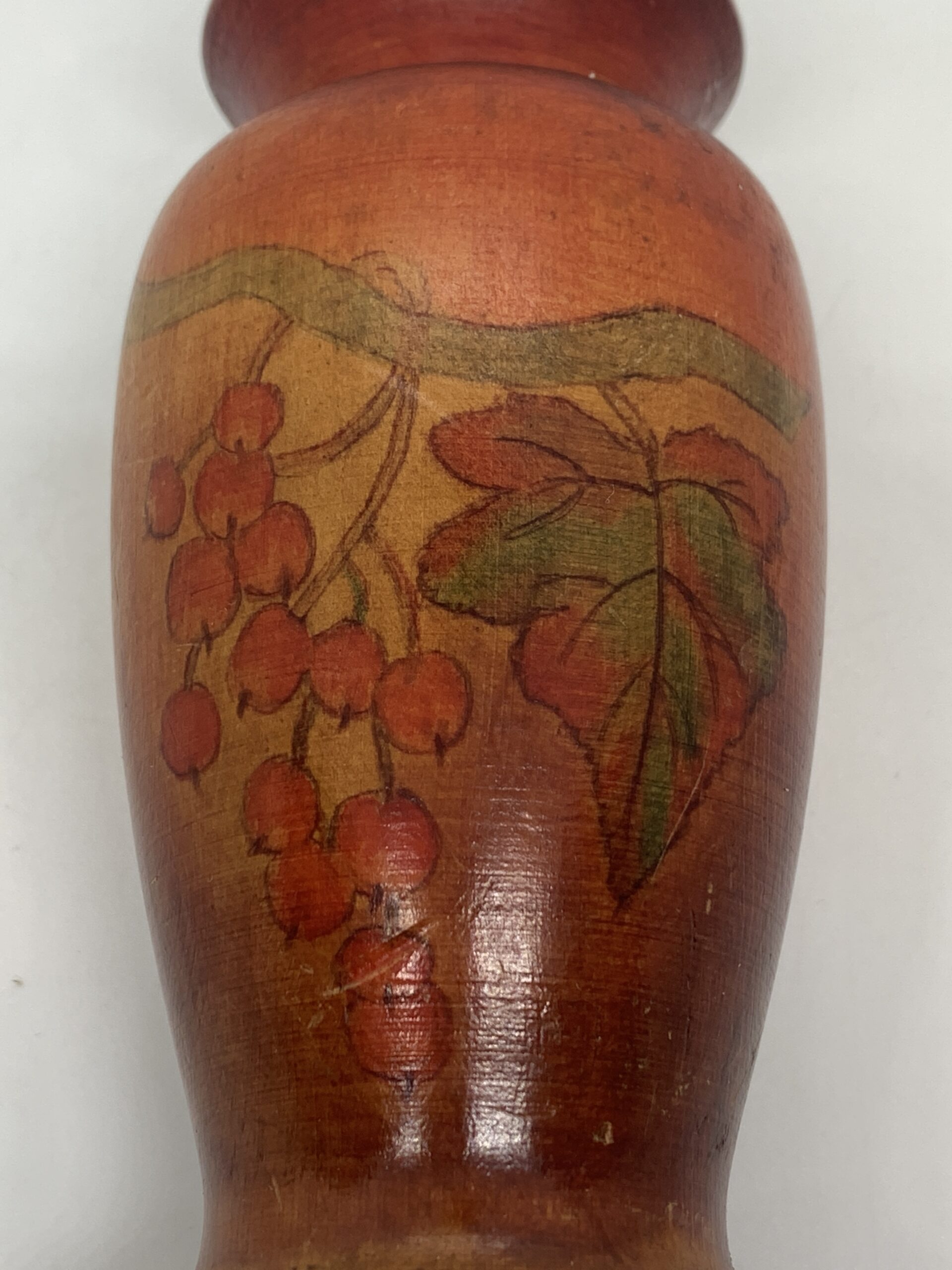 Pokerwork Vase with Grape and Vine Design 16cm - Vintage Keepsakes