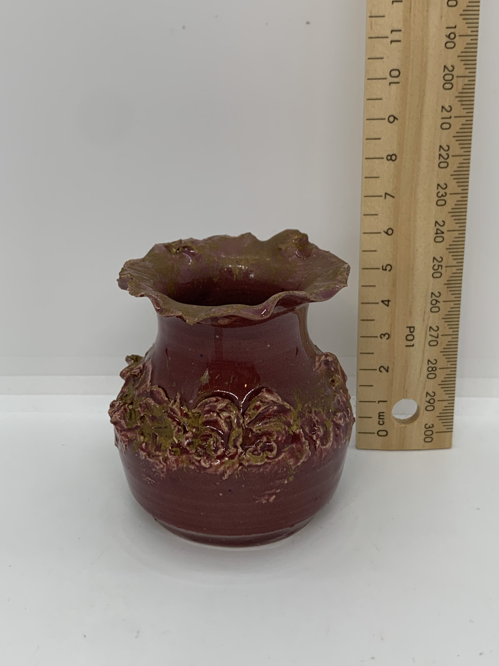 Burgundy Floral Frilled Rim Pottery Vase marked Stella 7cm - Vintage ...