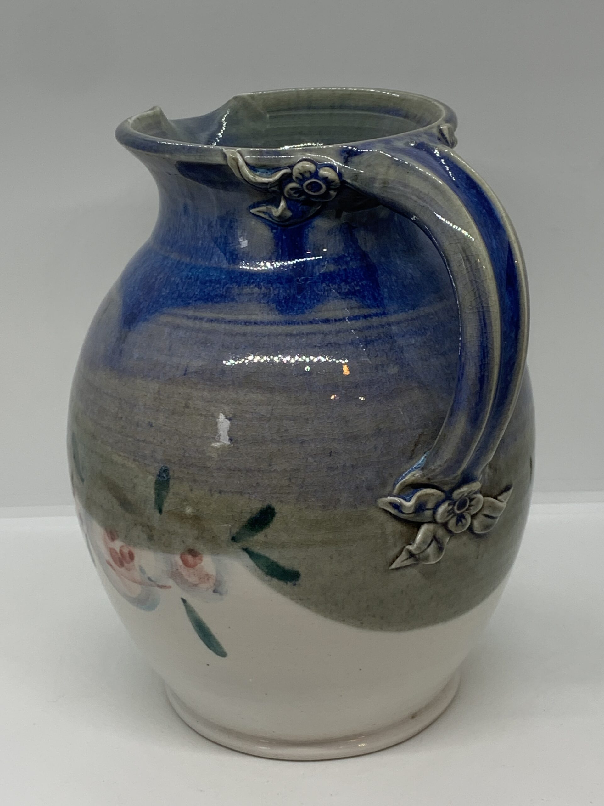 Large Pottery Jug with Blue and Grey Tones and Floral Pattern 25cm ...