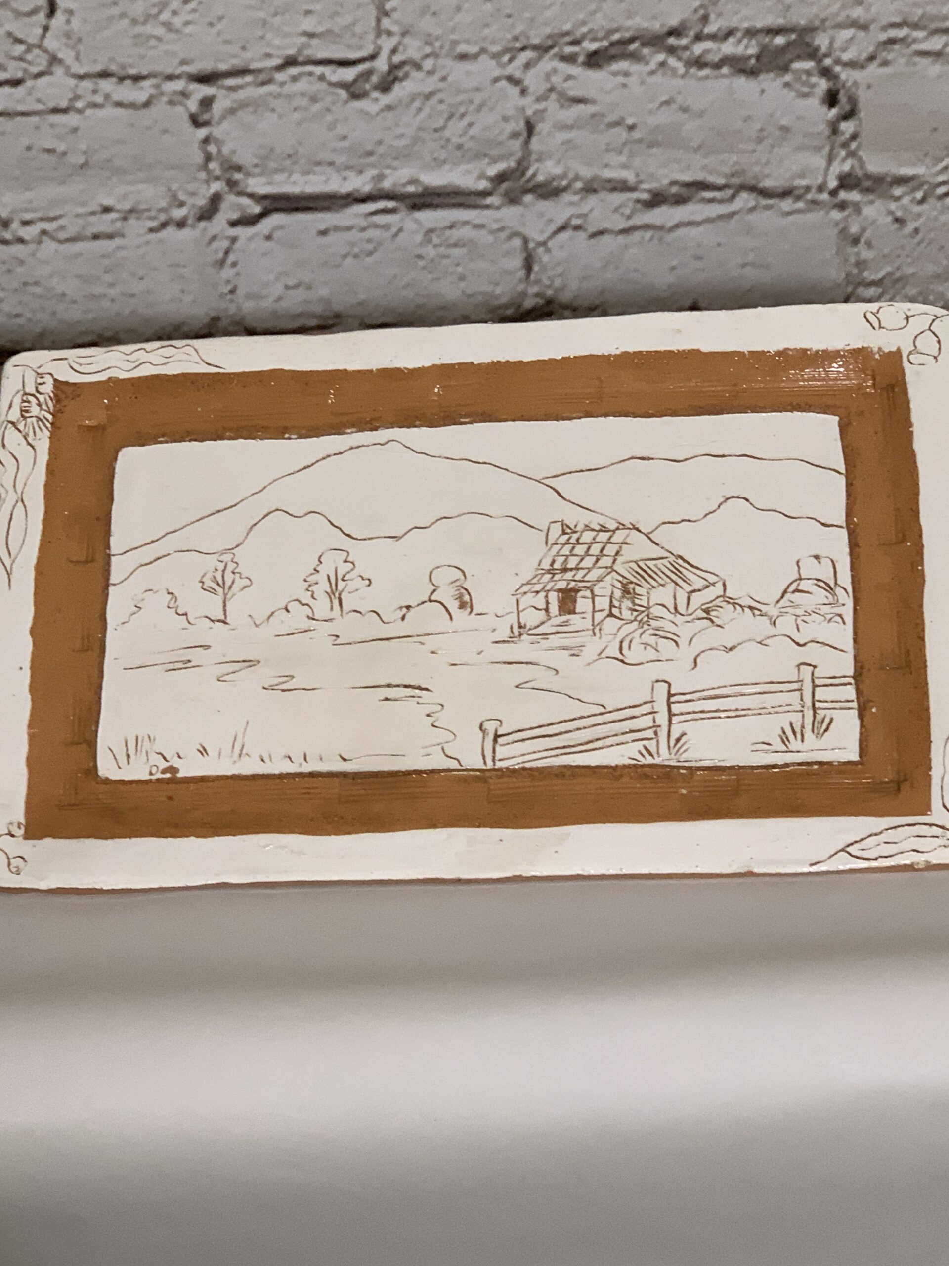 Rectangular Pottery Platter with Incised Bush Hut Scene 28x45cm ...