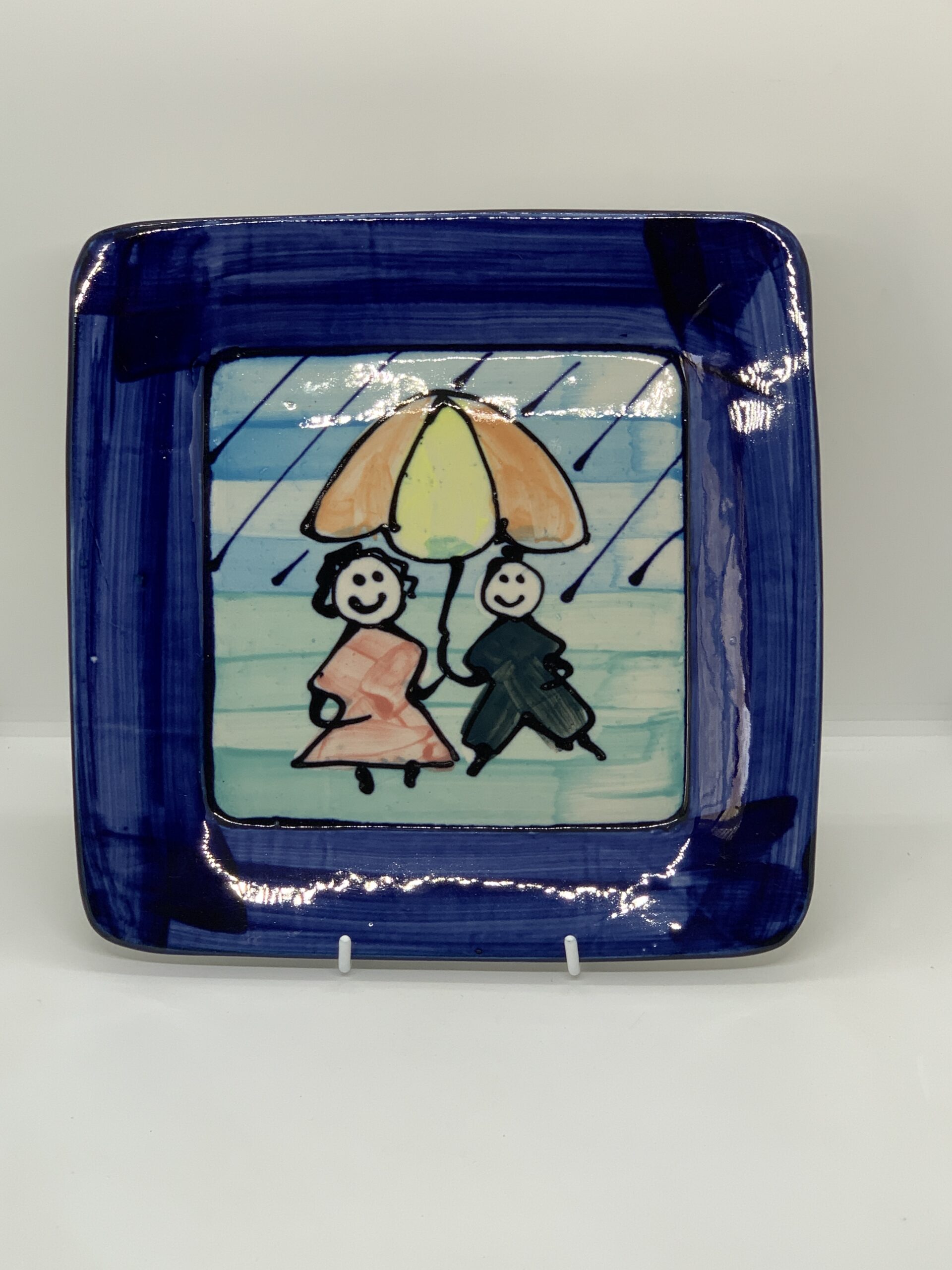Jan Bell Pottery Square Plate with picture Two Children Under Umbrella ...