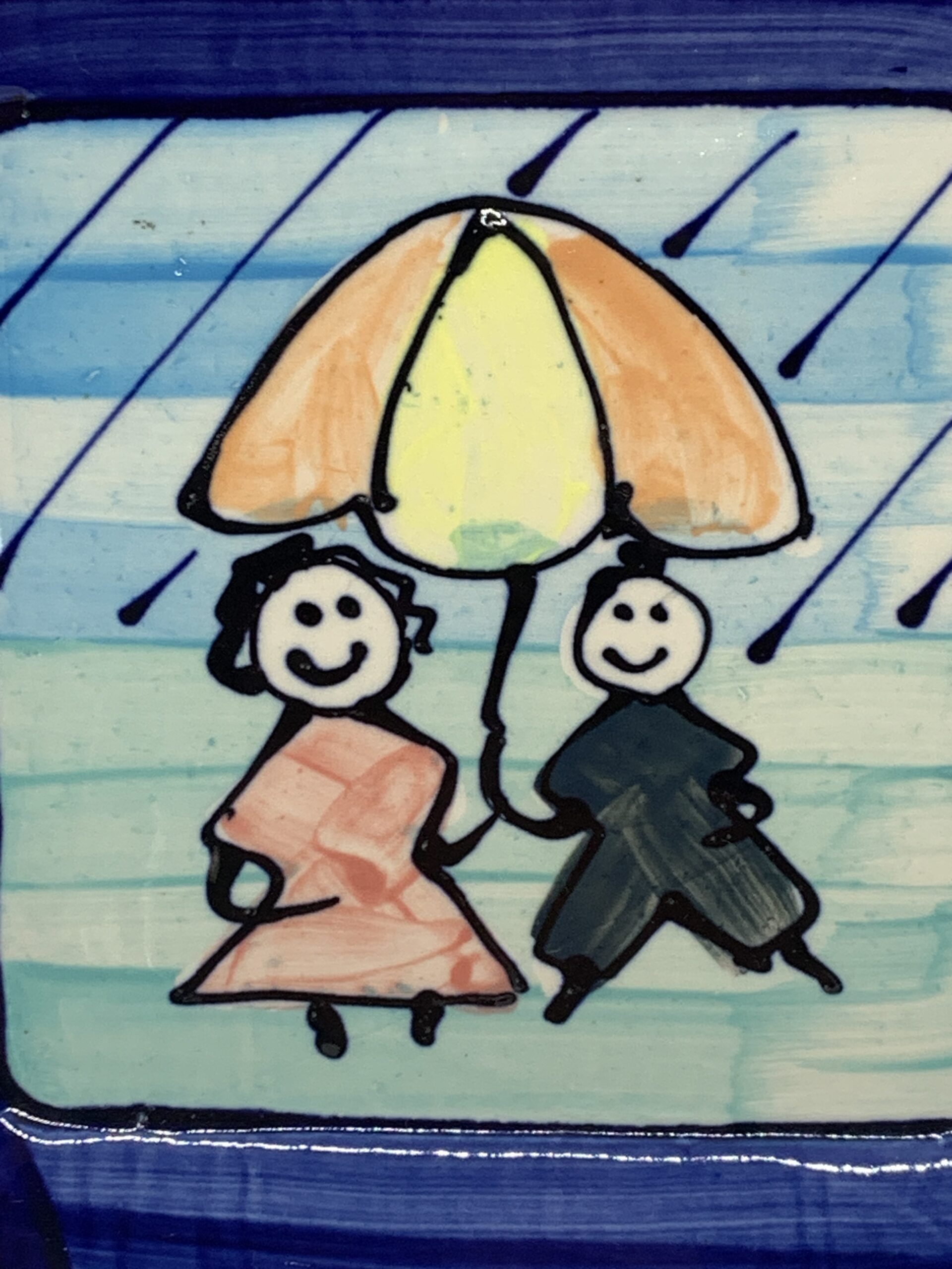 Jan Bell Pottery Square Plate with picture Two Children Under Umbrella ...