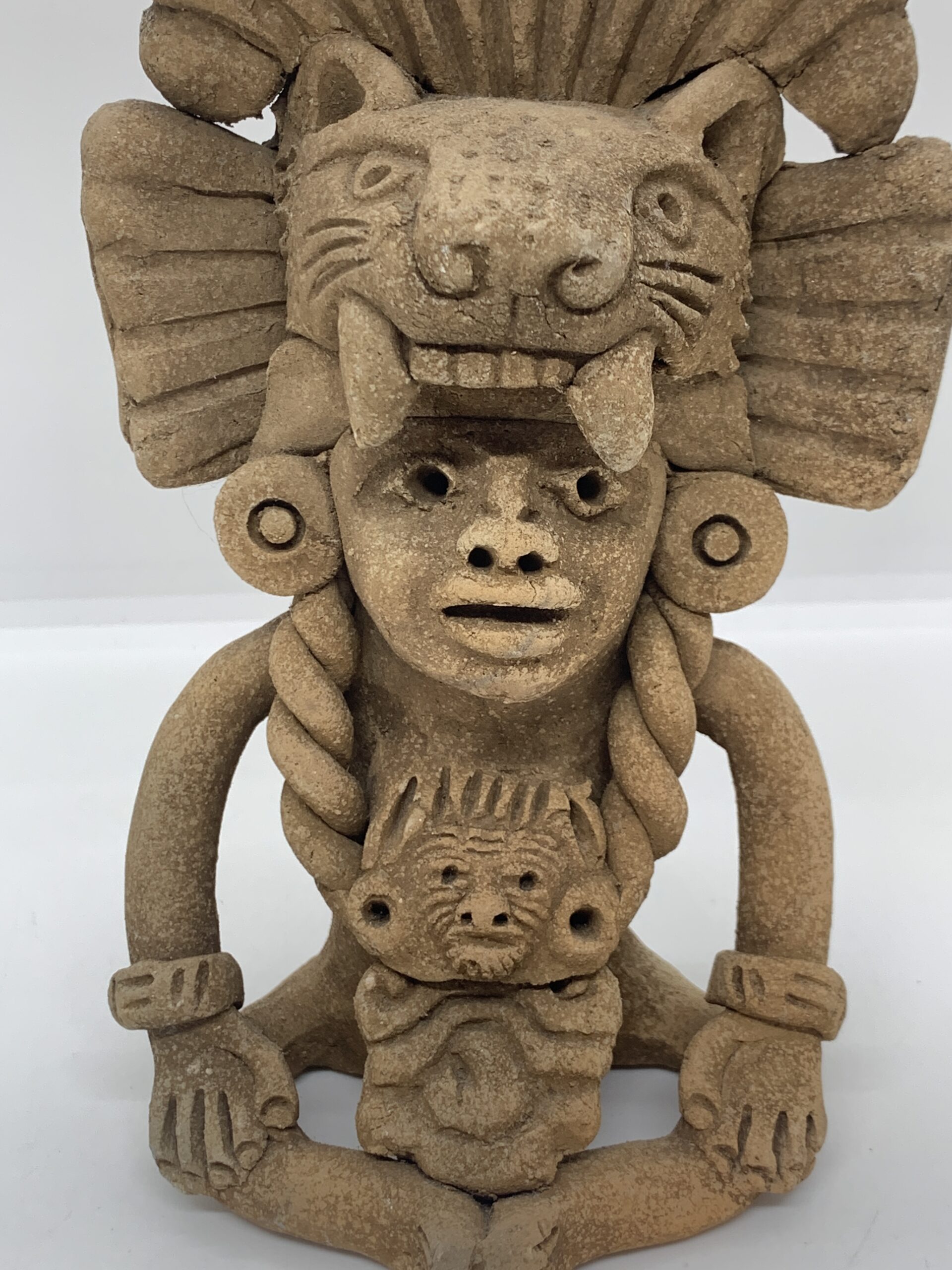 Vintage Mayan Clay Figure - Wearing a Jaguar Headress - 17cm - Vintage ...