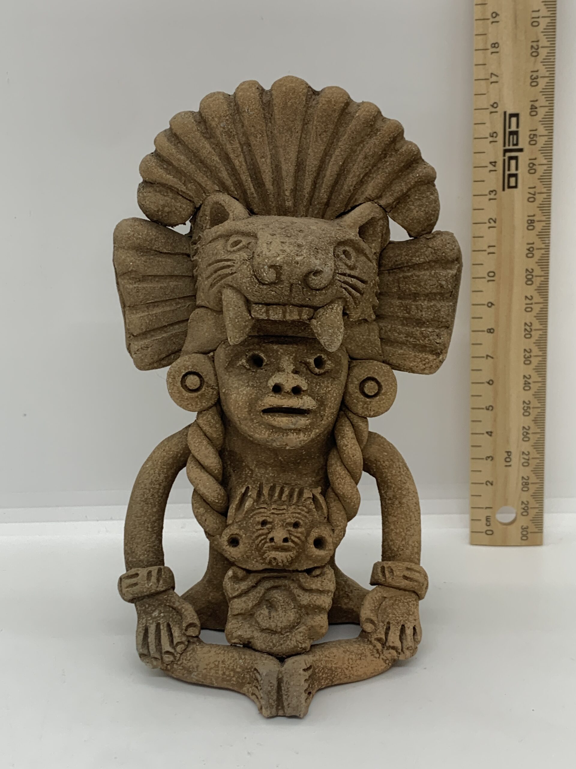 Vintage Mayan Clay Figure - Wearing a Jaguar Headress - 17cm - Vintage ...