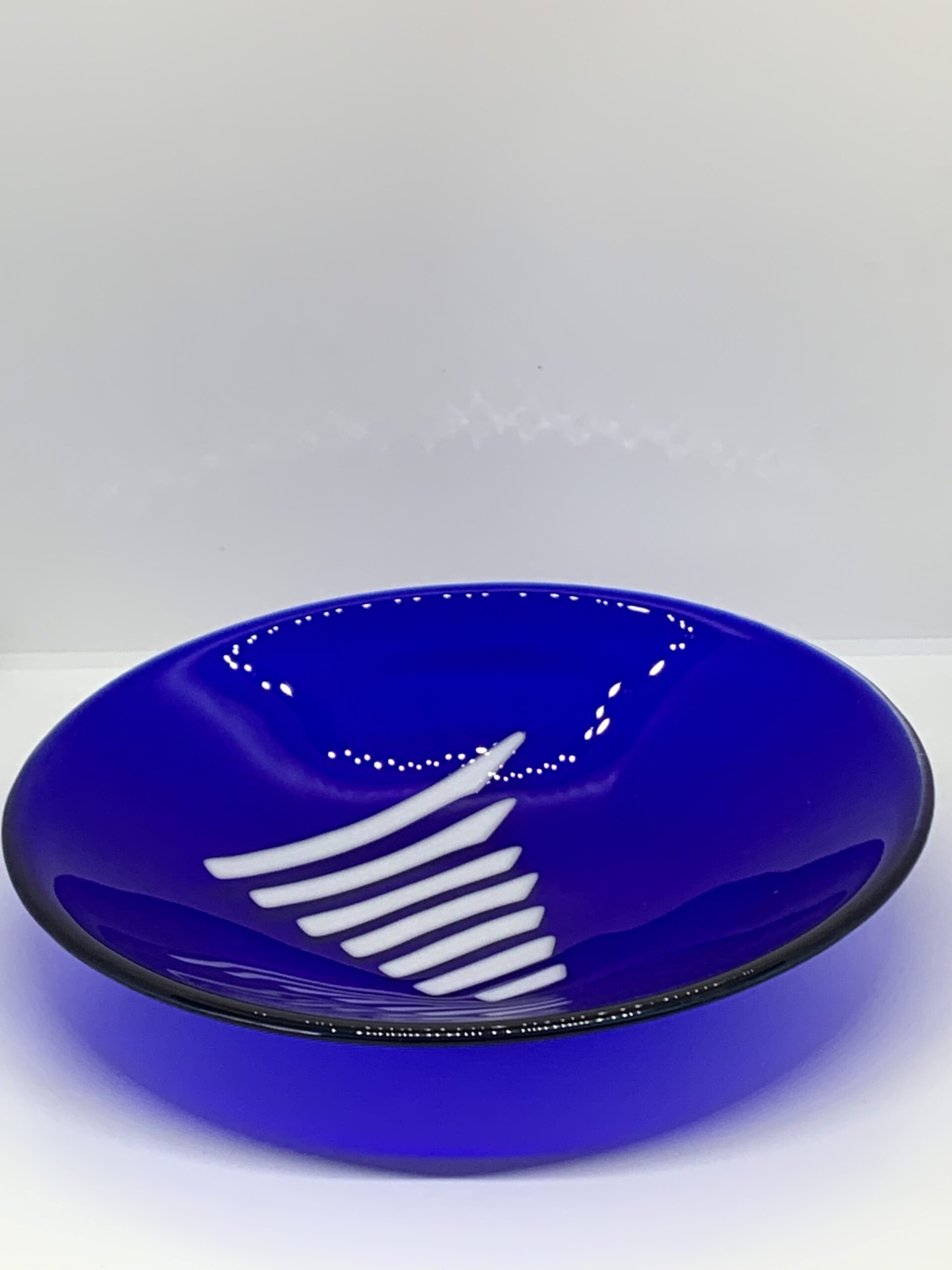 Round Art Glass Cobalt Blue Plate with White Stripes 28cm (marked BS ...
