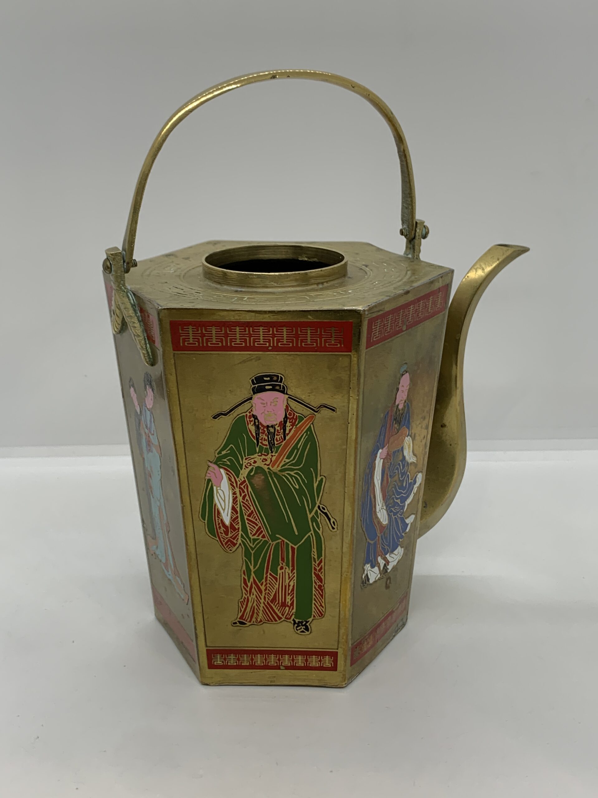 Brass Teapot with Enamelled Characters and Handle 15cm (no lid ...