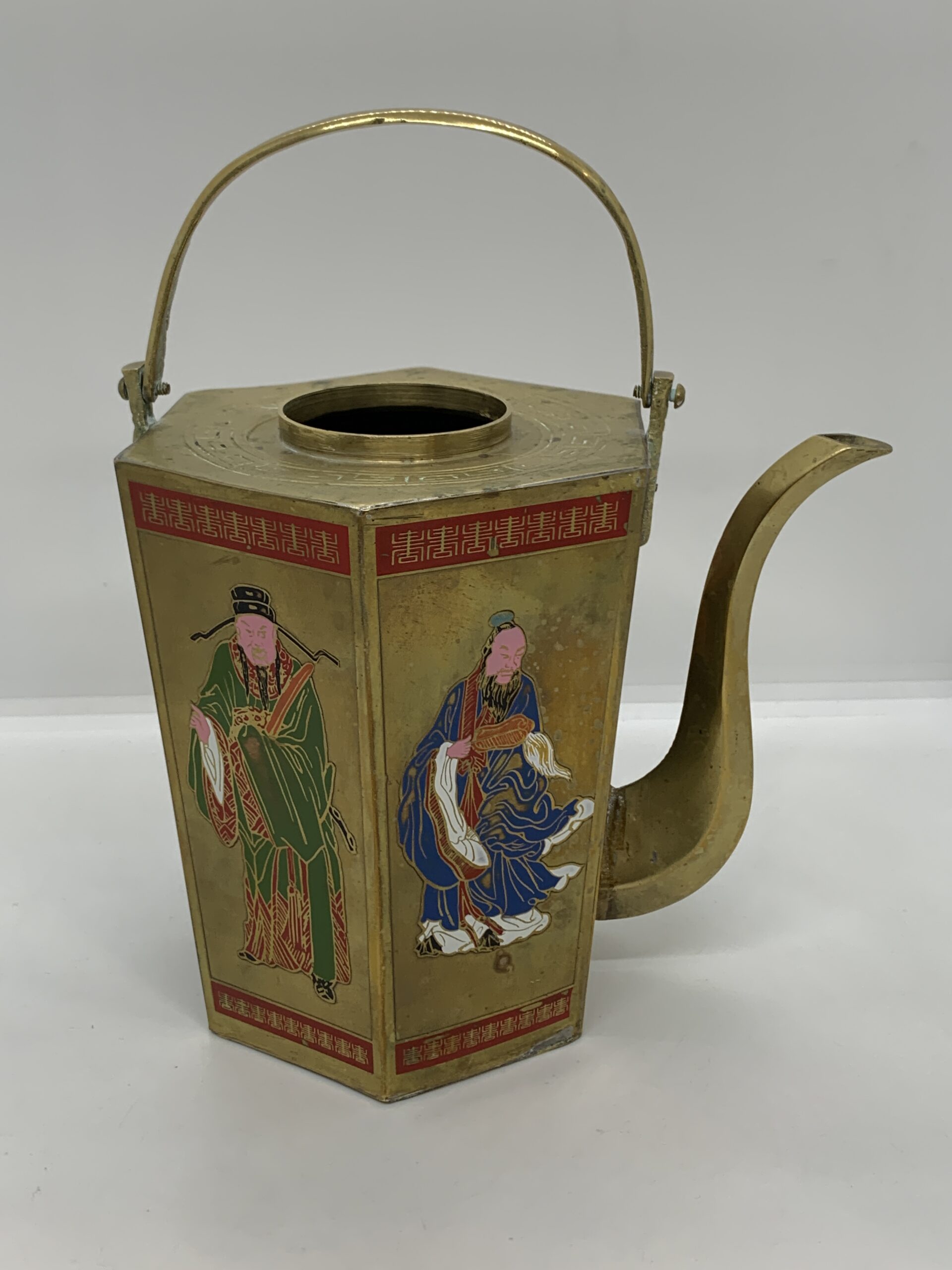 Brass Teapot with Enamelled Characters and Handle 15cm (no lid ...