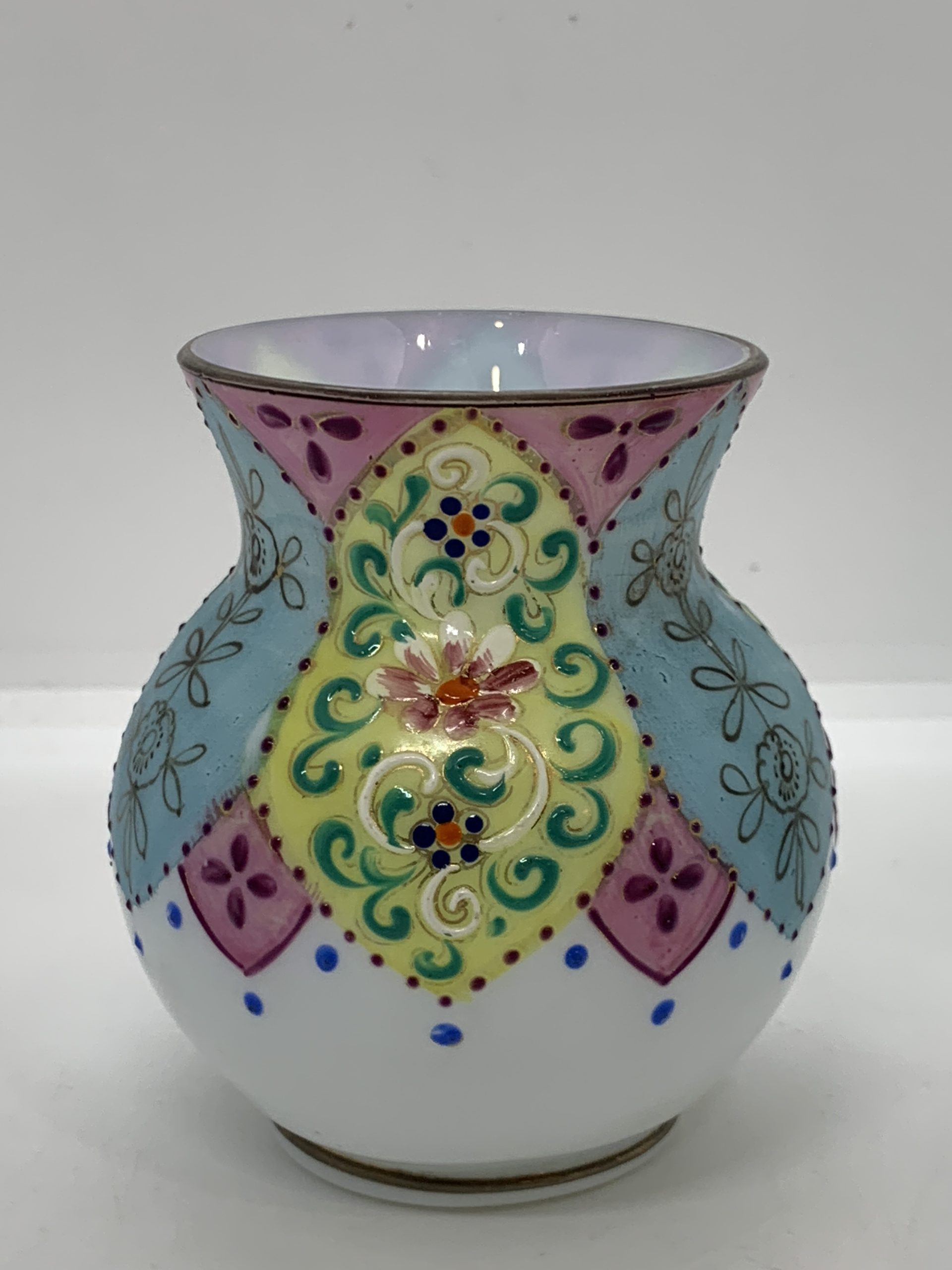 Milk Glass Hand Painted Floral and Gilt Squat Post Vase 9cm - Vintage ...