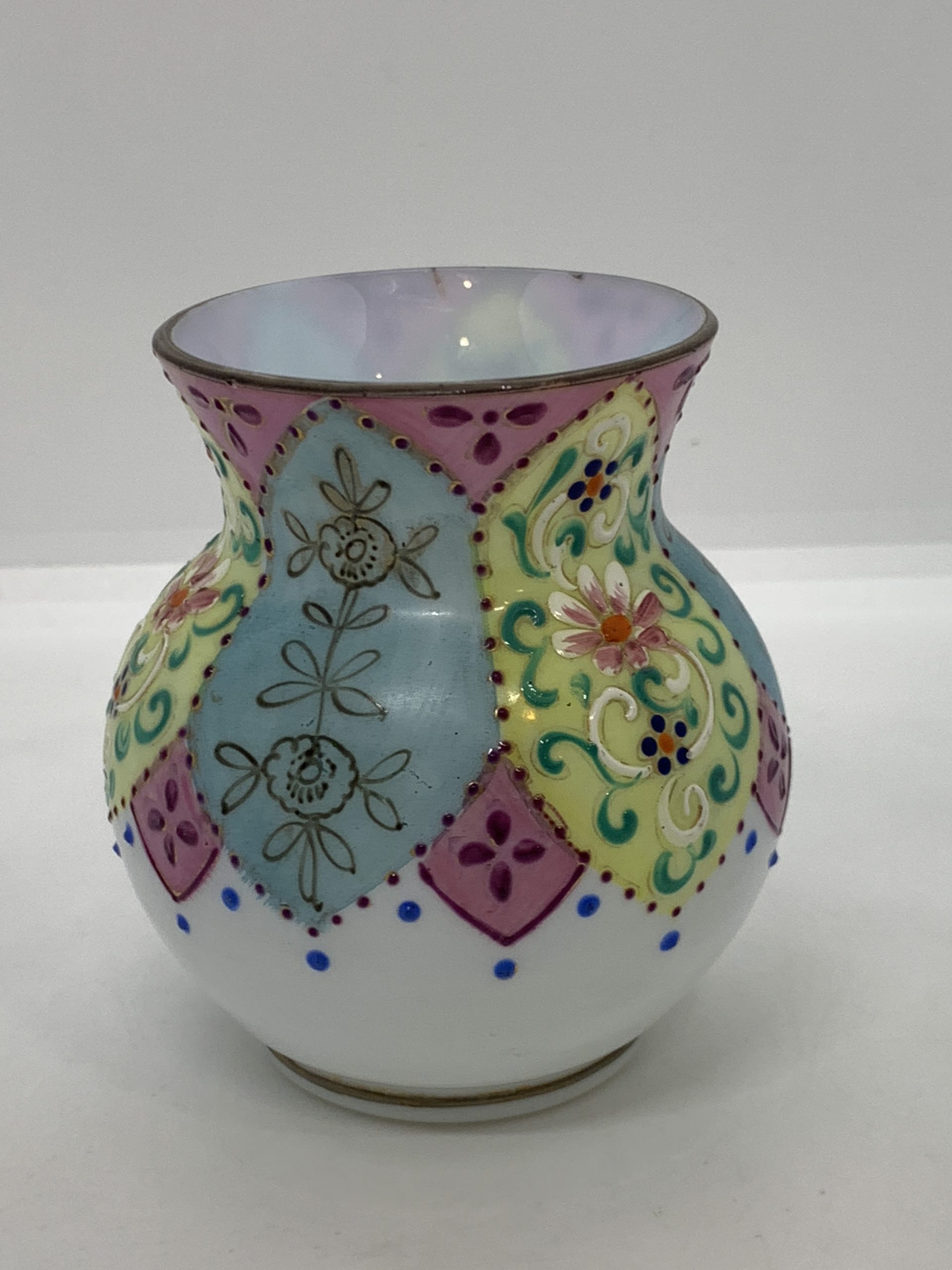 Milk Glass Hand Painted Floral and Gilt Squat Post Vase 9cm - Vintage ...