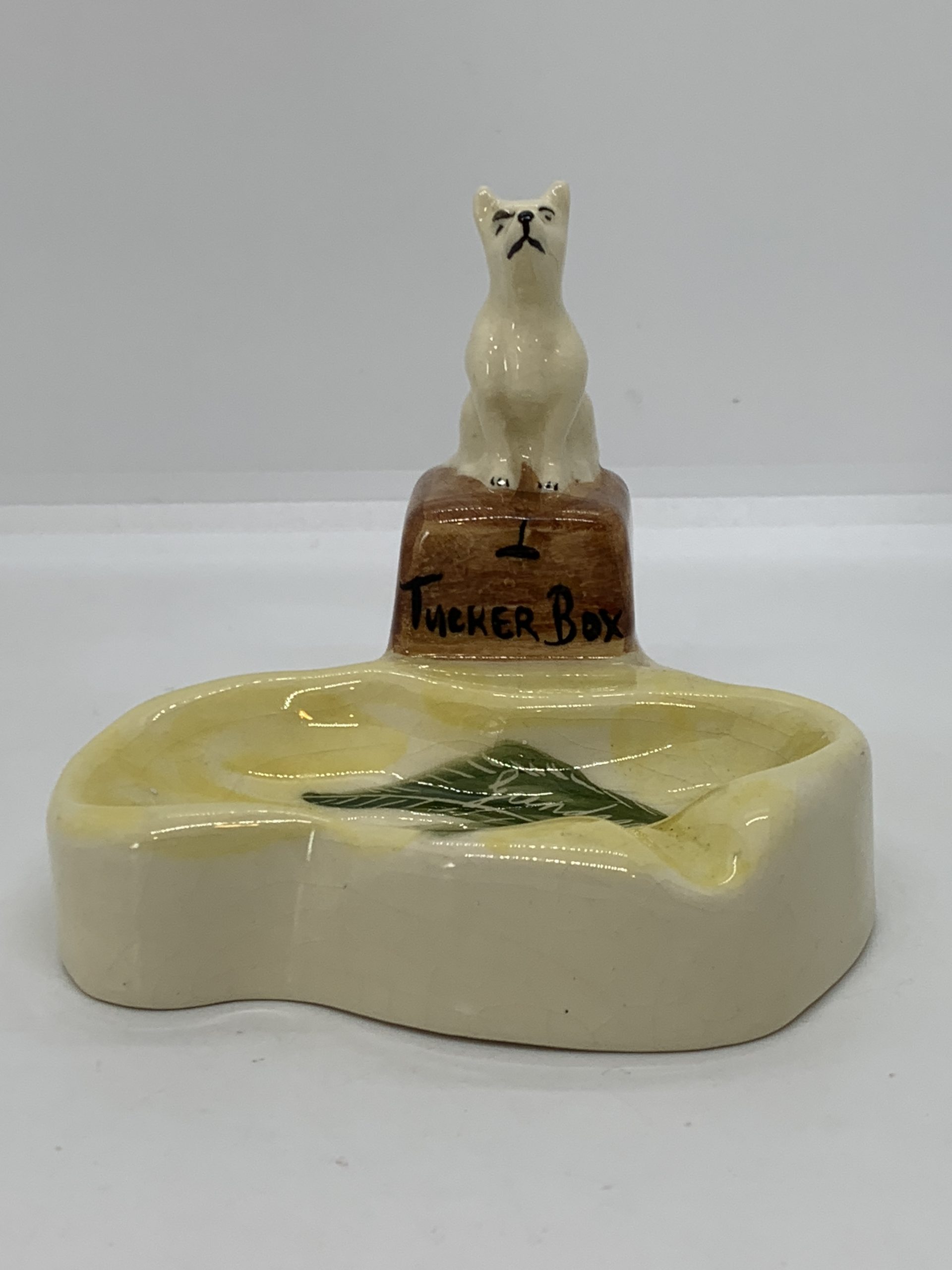 Pottery Dog on Tuckerbox Gundagai 9cm high - Vintage Keepsakes